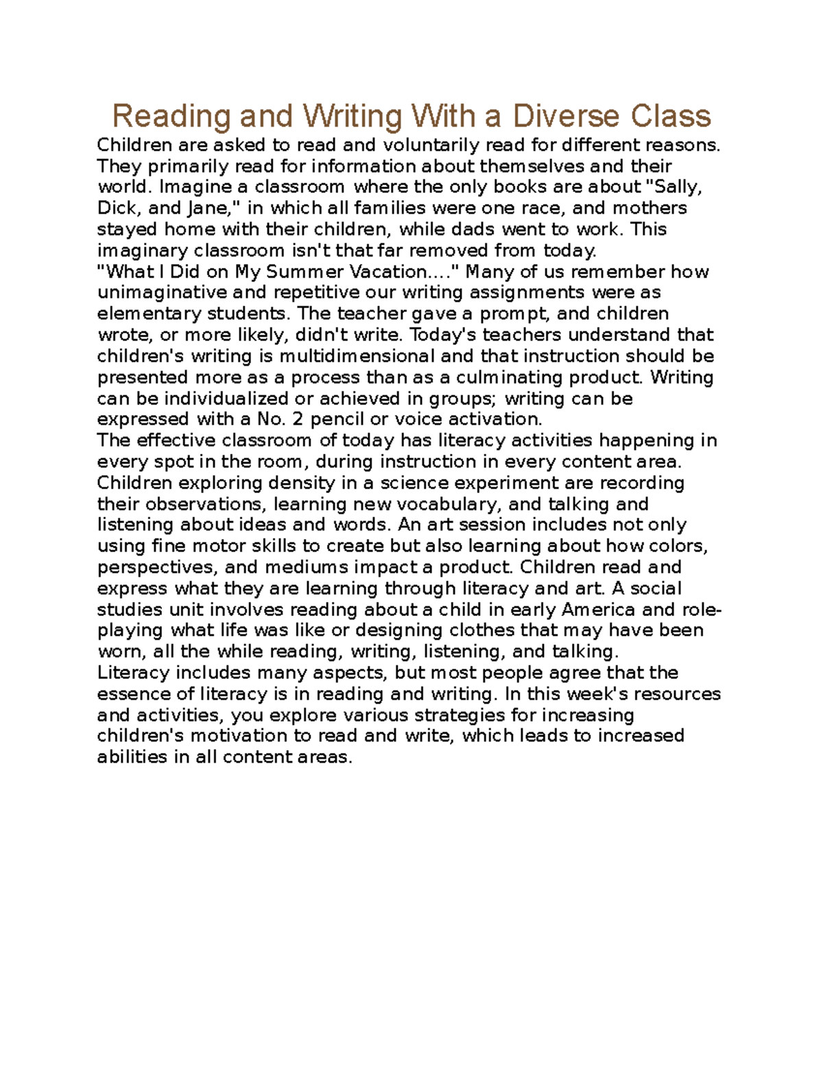 Reading and Writing With a Diverse Class - Reading and Writing With a ...