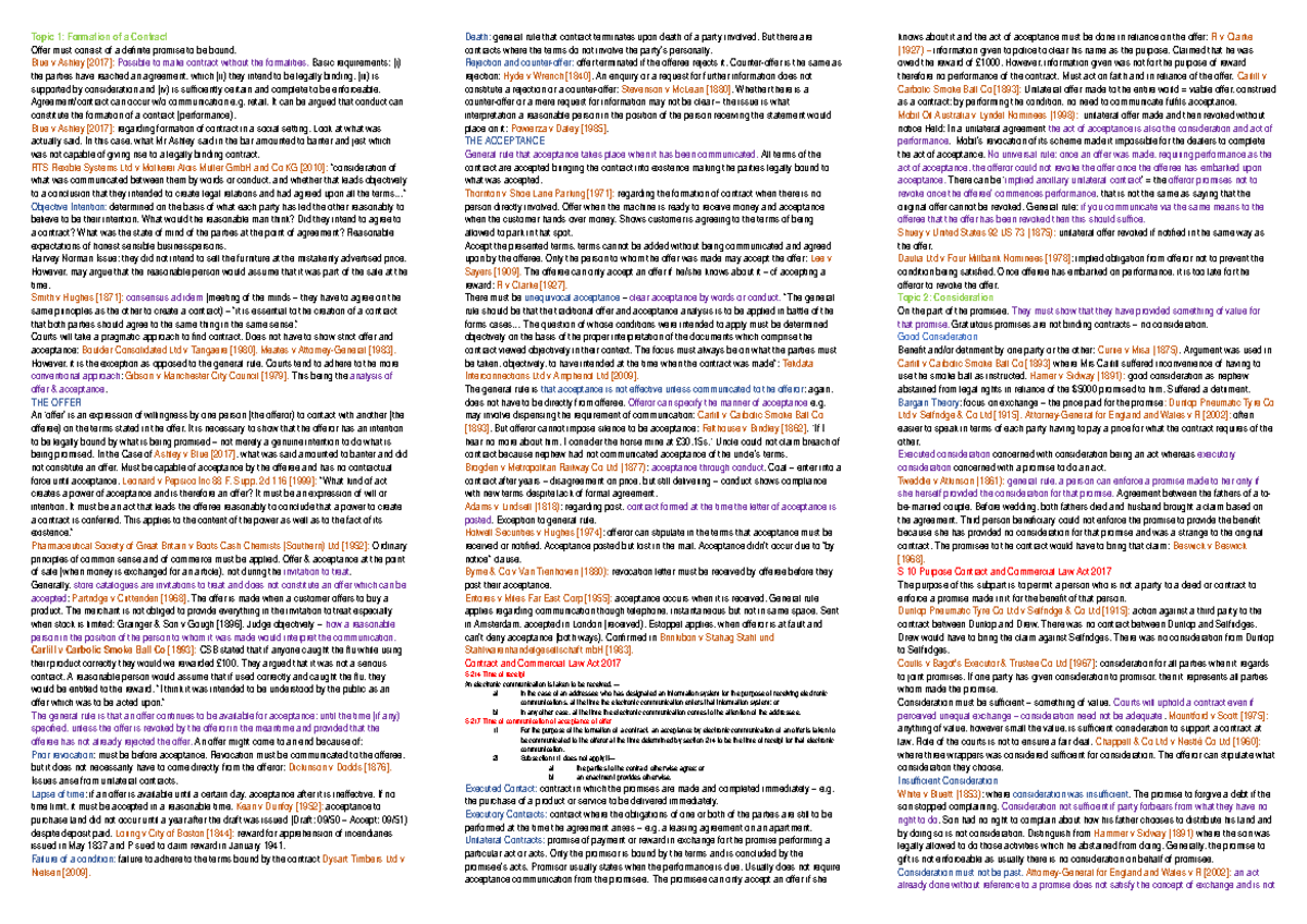 Law of Contract 2019 Cheat Sheet - Topic 1: Formation of a Contract ...