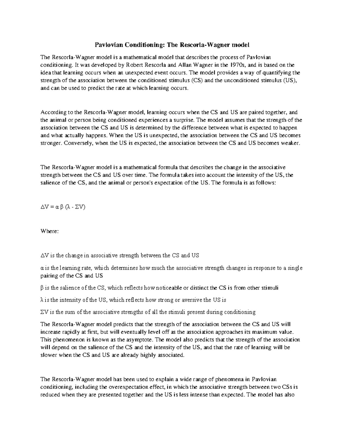 PSYC 351 - The Rescorla-Wagner model - Pavlovian Conditioning: The ...