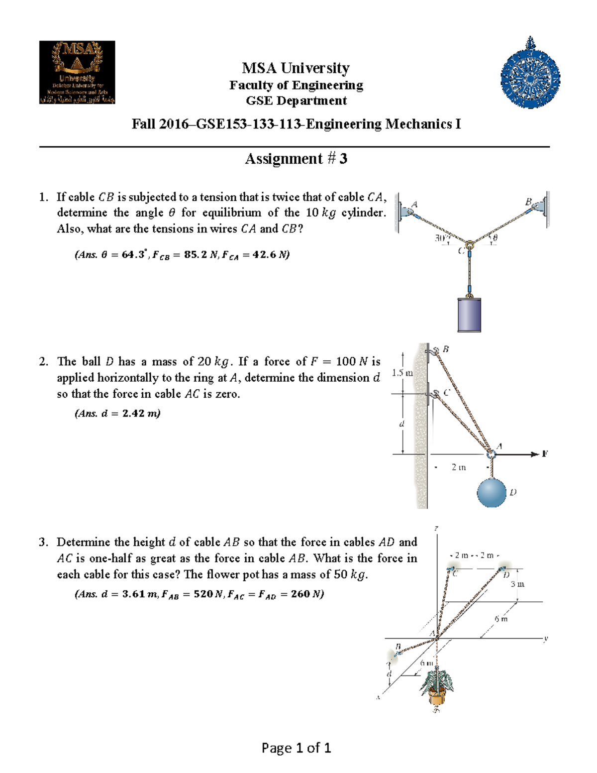 Mechanics - assignment 3 - fall 2016 - MSA University Faculty of Engineering GSE Department Fall ...