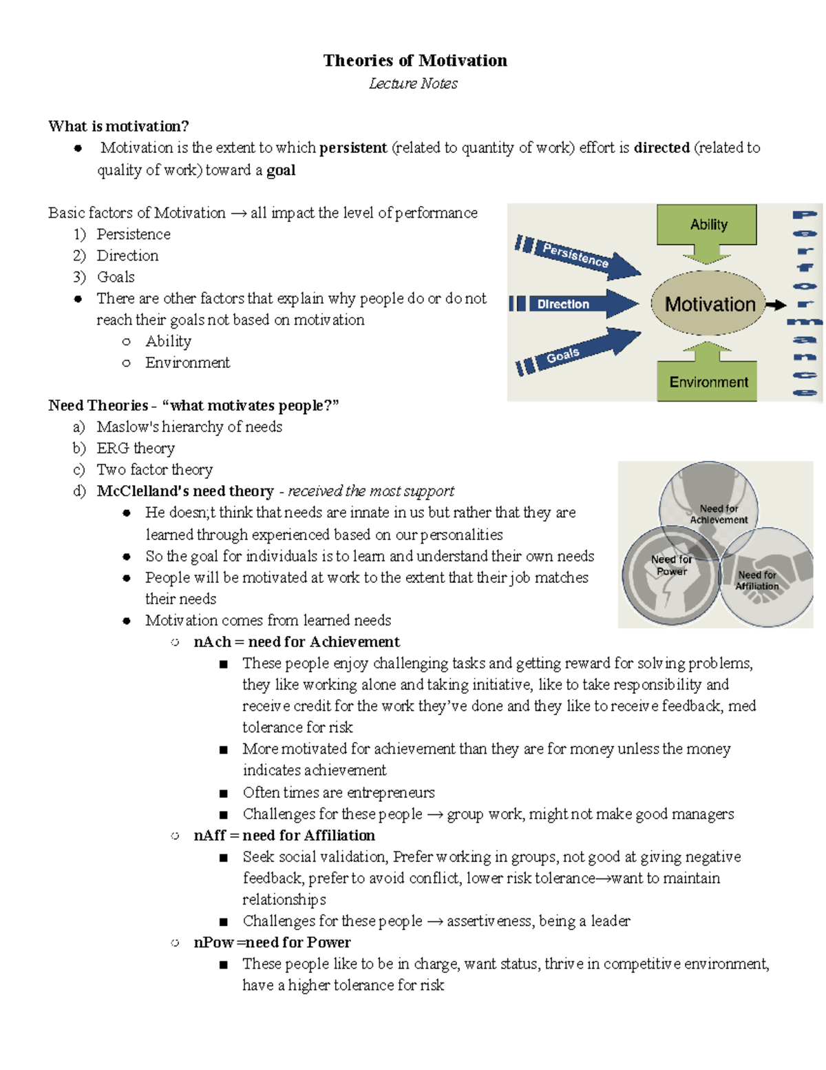 Unit 5 Theories of Motivation - Theories of Motivation Lecture Notes ...