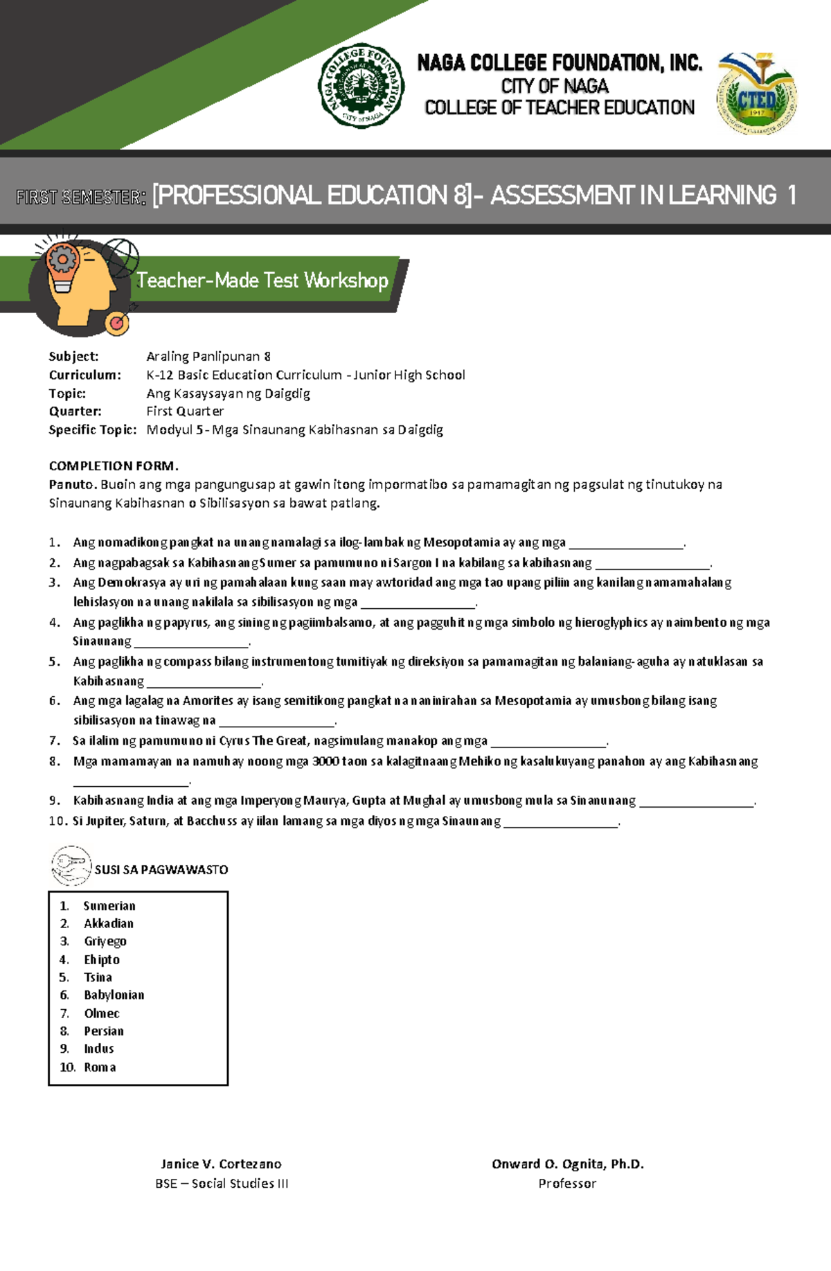 Completion FORM - Subject: Araling Panlipunan 8 Curriculum: K-12 Basic ...
