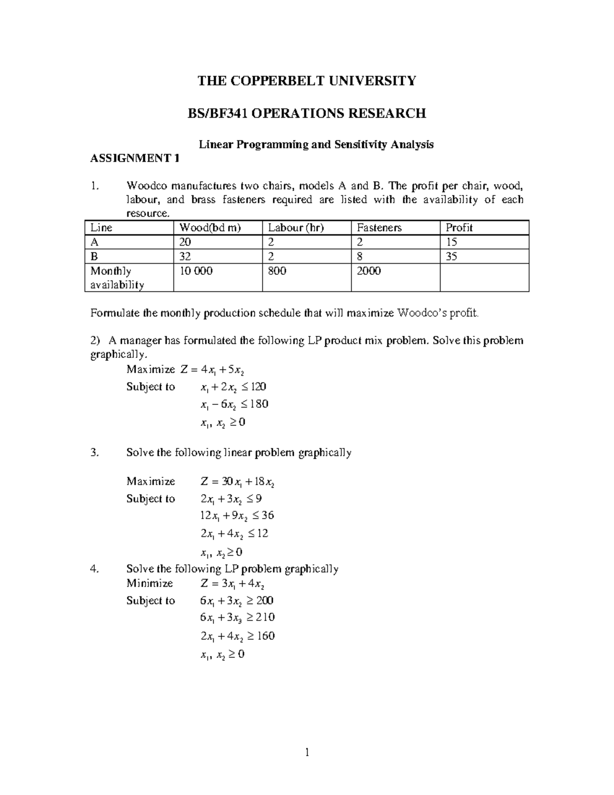 Assignmentsbfbs 341AC2016 - THE COPPERBELT UNIVERSITY BS/BF341 OPERATIONS RESEARCH Linear - Studocu