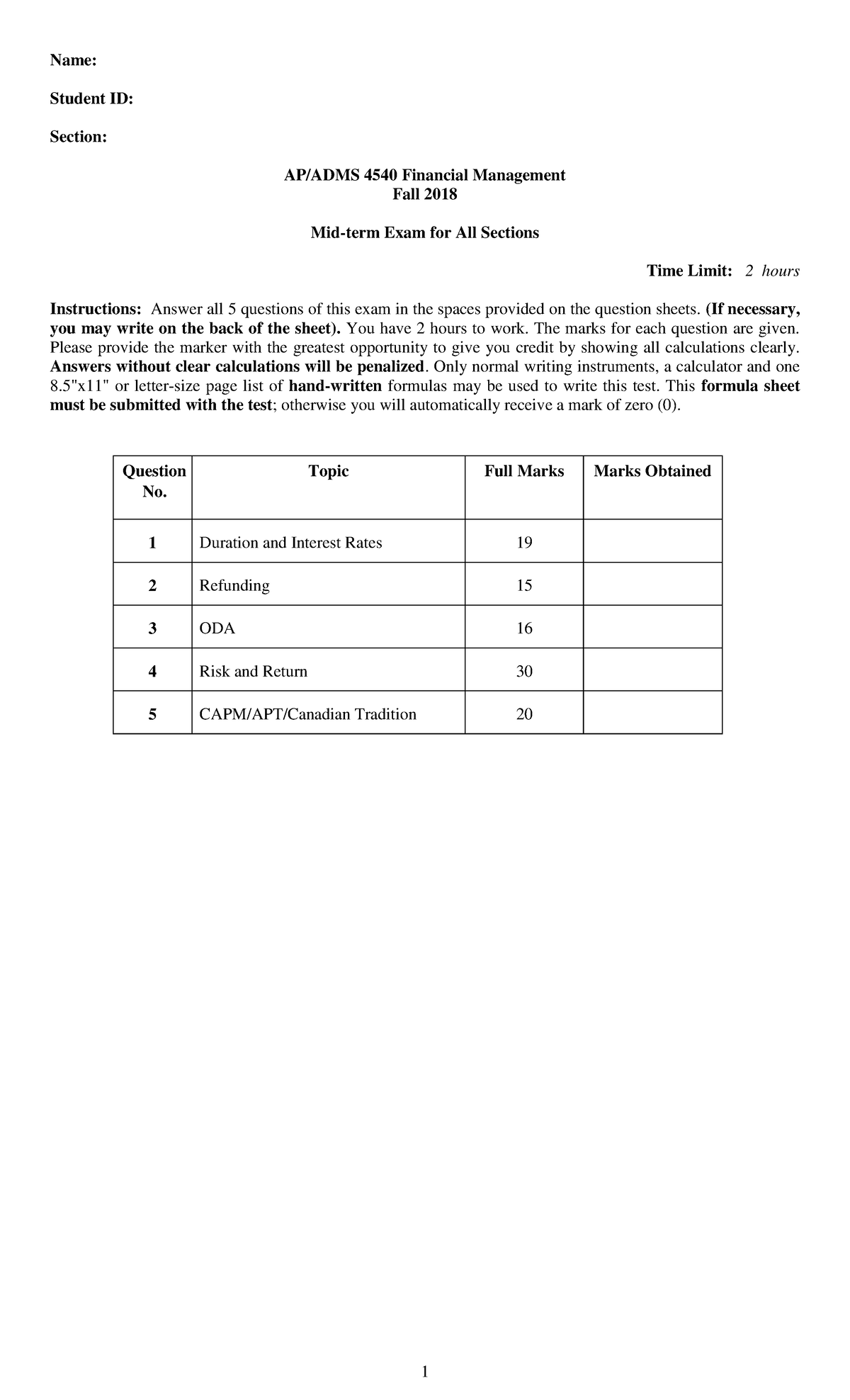 4540midf18 - Adms 4540 fall 2018 midterm - Name: Student ID: Section ...