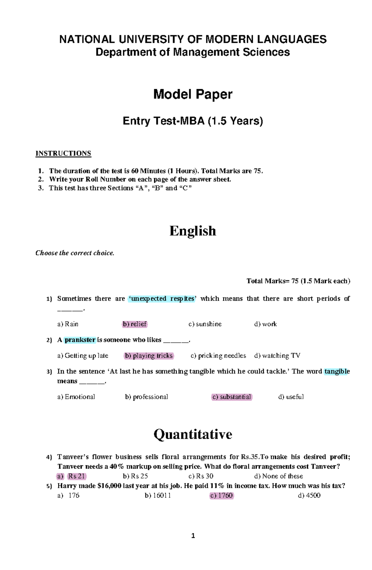 NUML MBA - past papers - 1 NATIONAL UNIVERSITY OF MODERN LANGUAGES ...