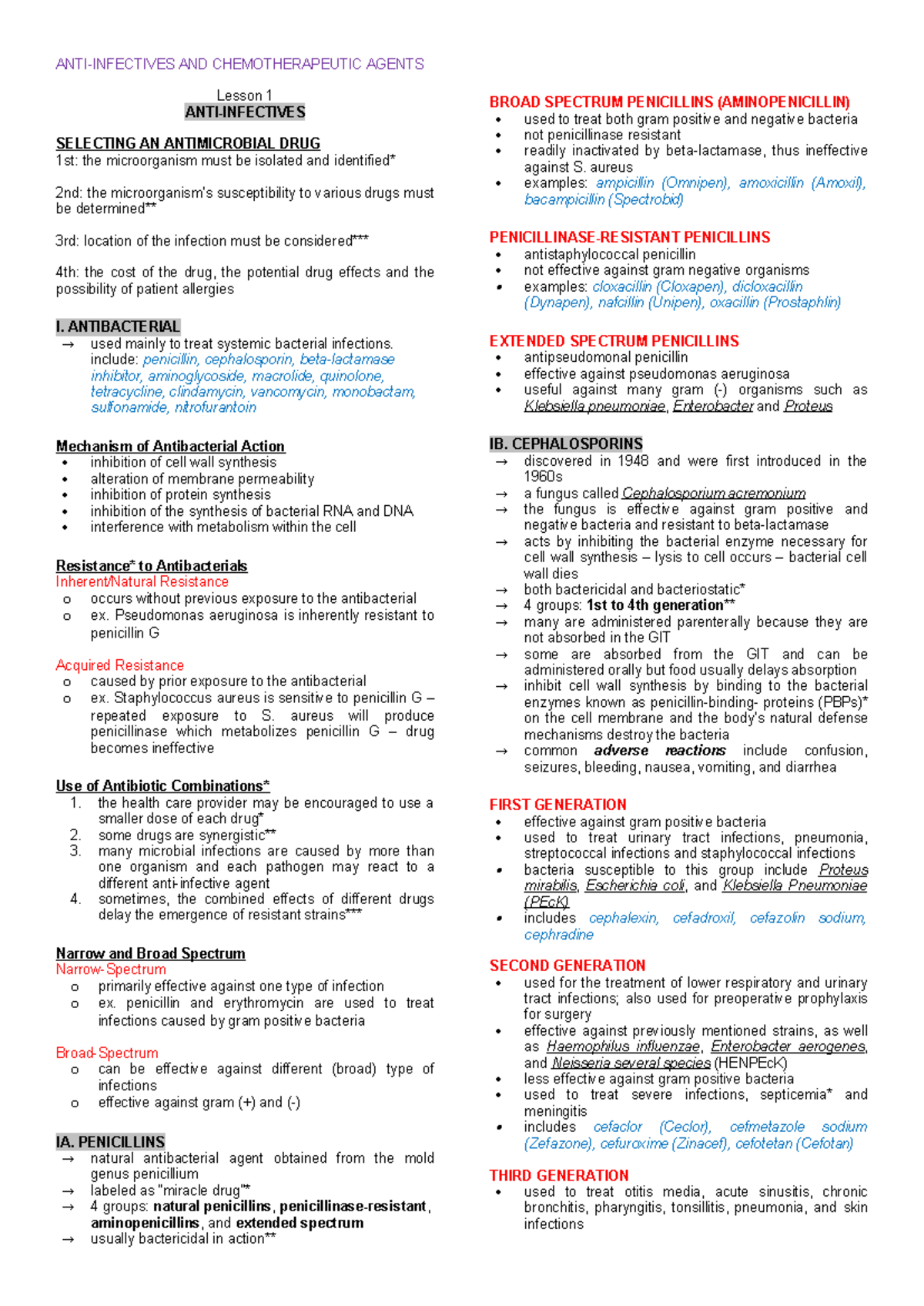 PHARMA LECT ENDTERM (BSN) - ANTI-INFECTIVES AND CHEMOTHERAPEUTIC AGENTS Lesson 1 ANTI-INFECTIVES ...