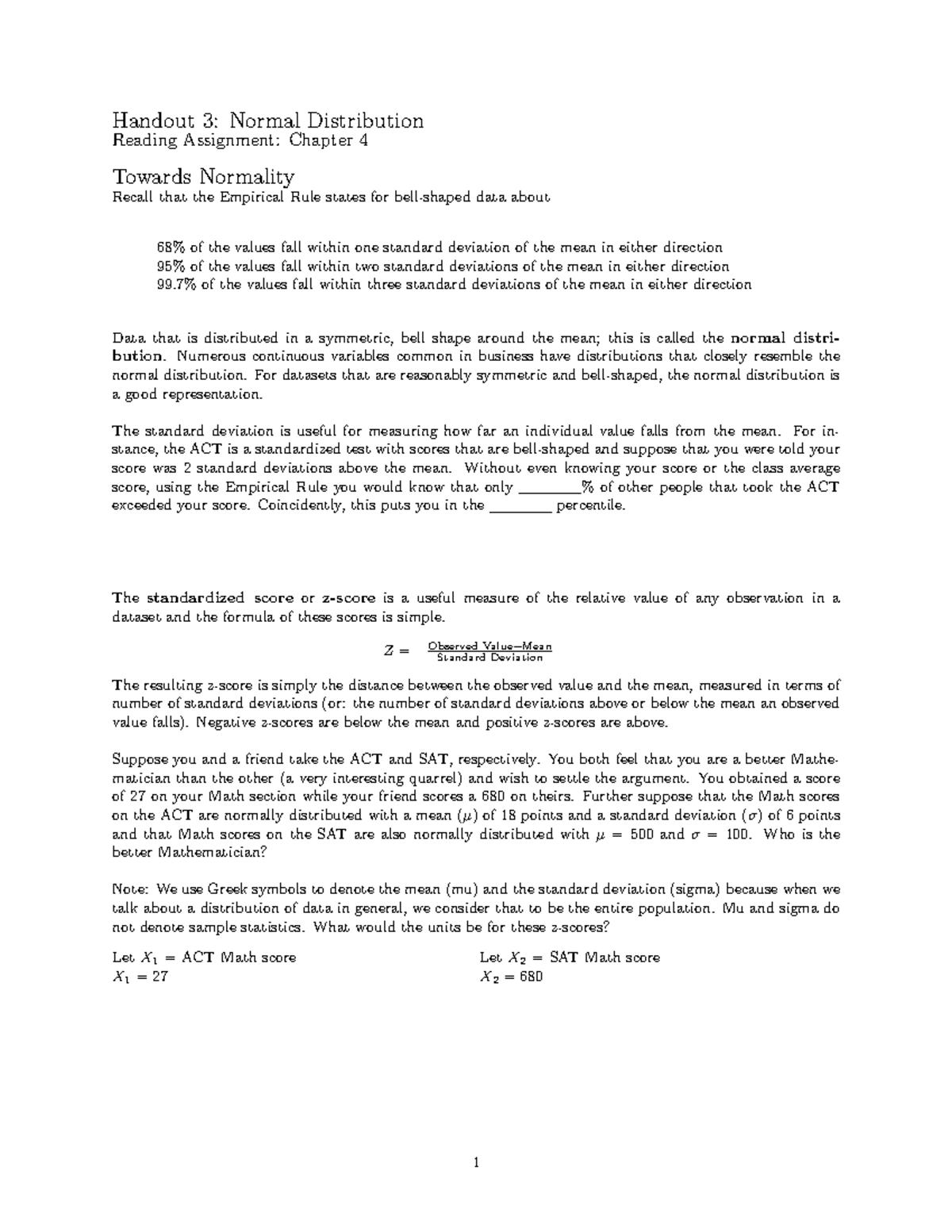 Stat 2160 notes 3 - handout: normal distribution - Handout 3: Normal ...