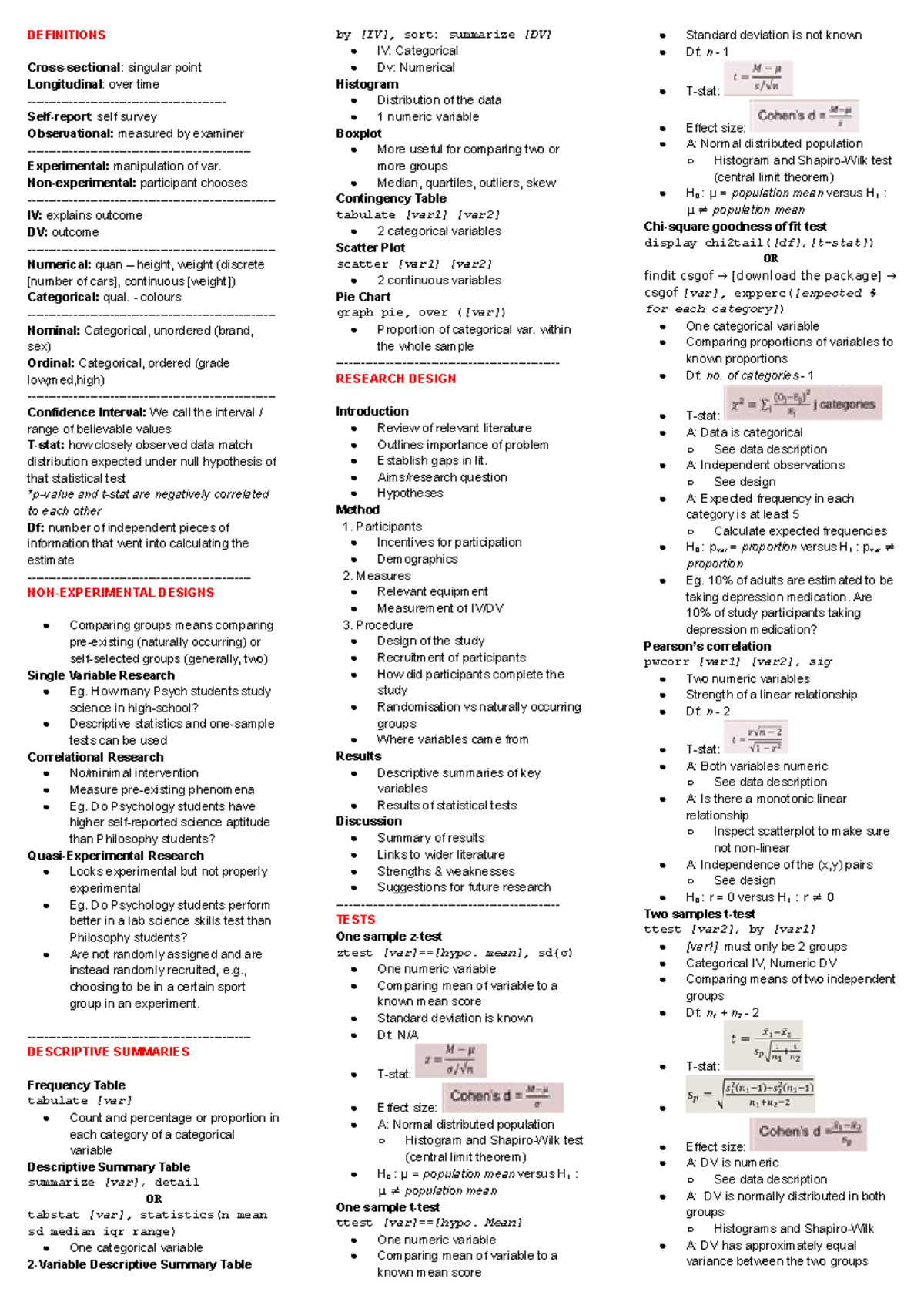 Cheat Sheet - DEFINITIONS Cross-sectional: singular point Longitudinal: over time Self-report ...