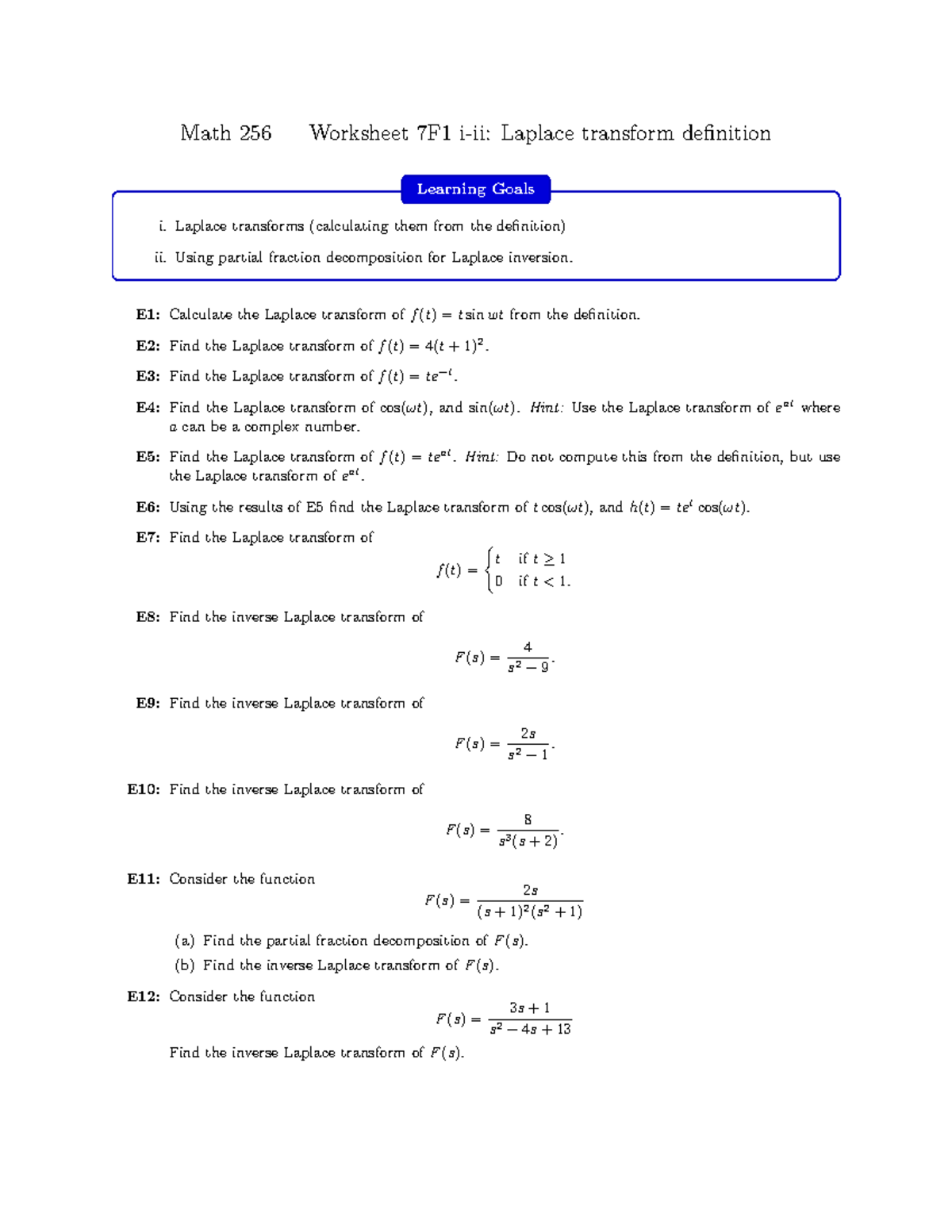 Worksheet F Laplace transforms introduction - Math 256 Worksheet 7F1 i ...