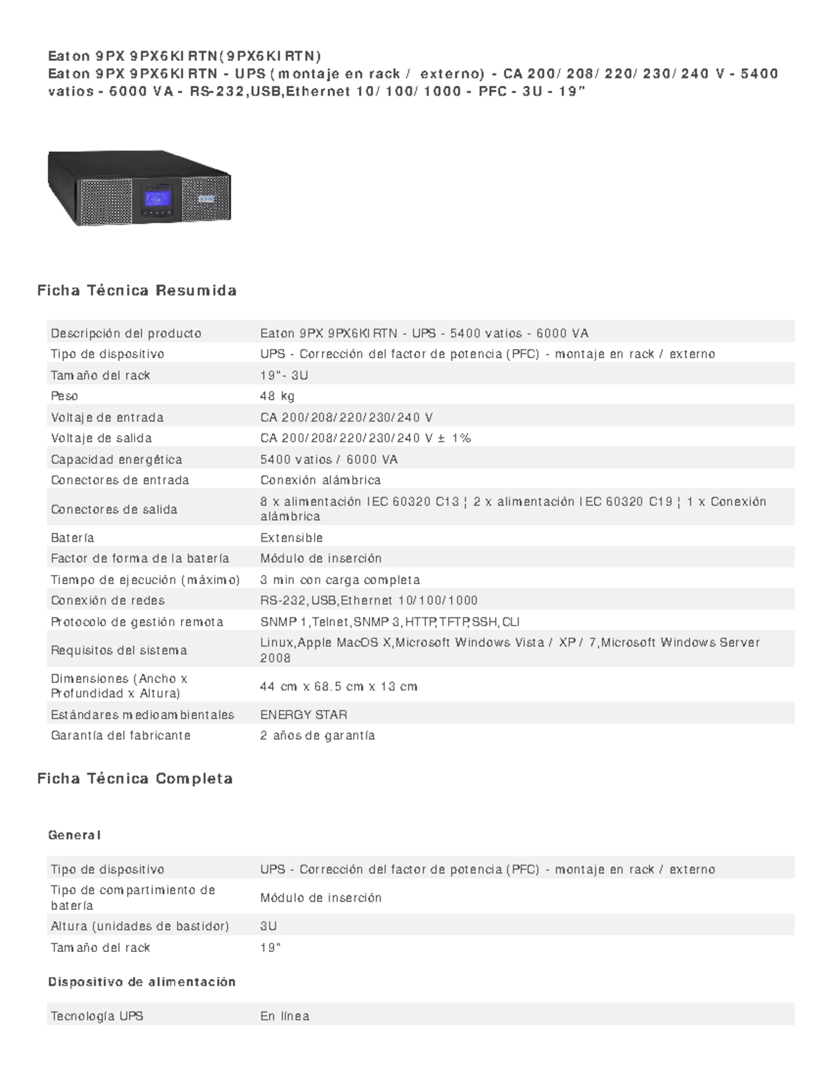 Product Data Sheet - Eaton 9PX 9PX6 Kirtn(9PX6 Kirtn) - Ea t on 9 PX 9 ...