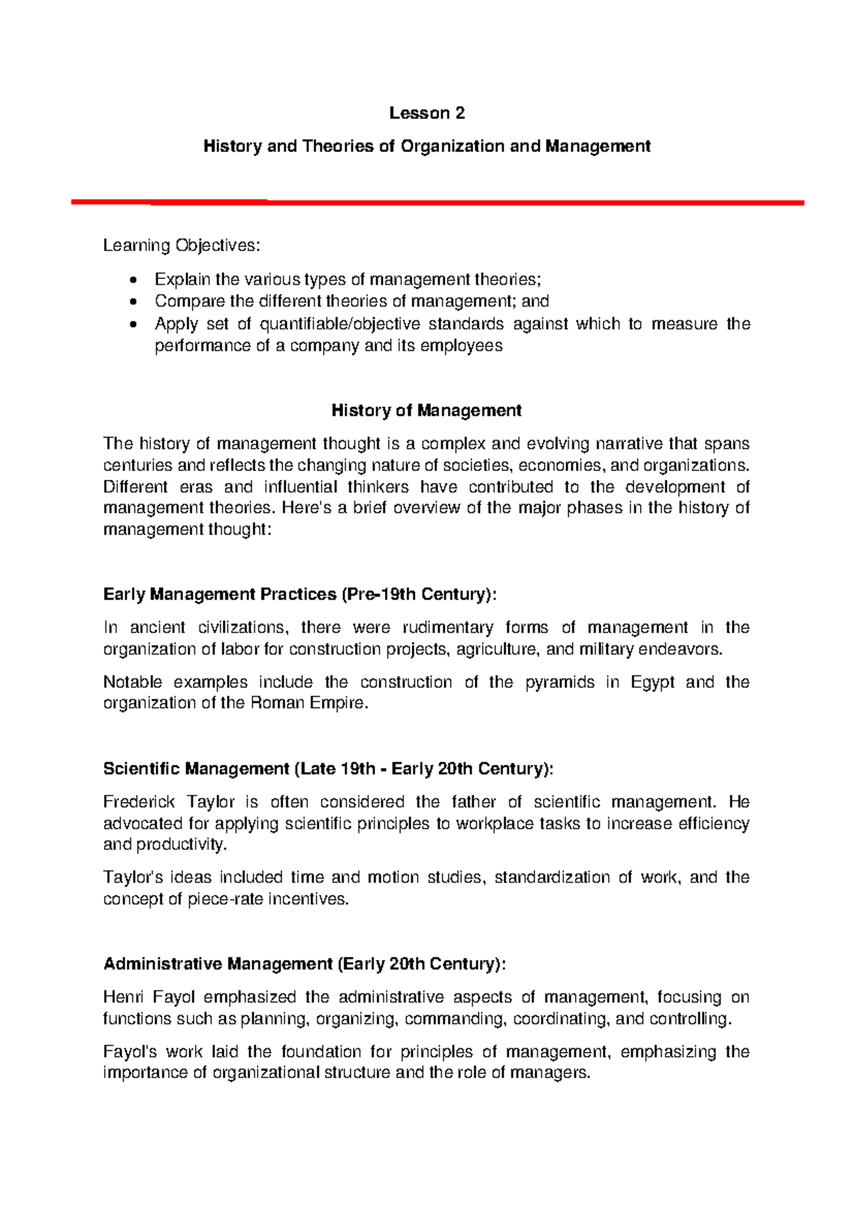Lesson 2 History and Theories of Organization and Management ...