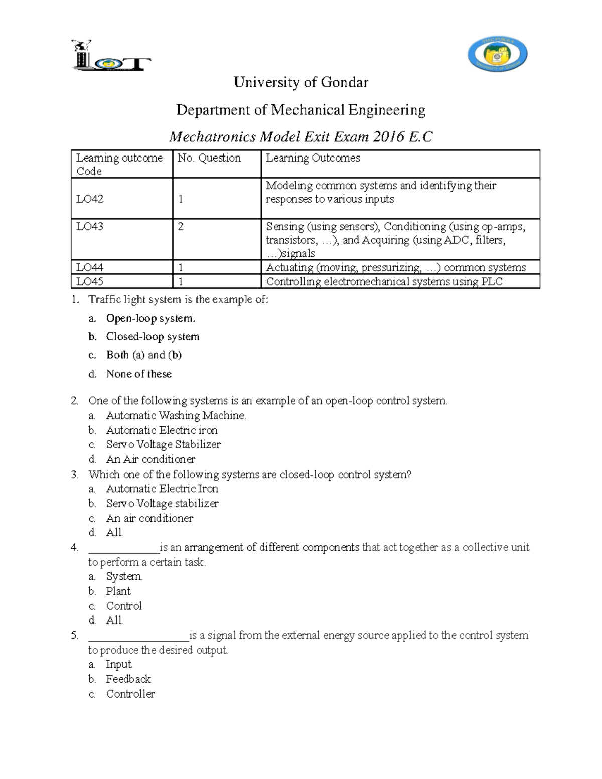 Exit Exam Model for 2016 graduates M - University of Gondar Department ...