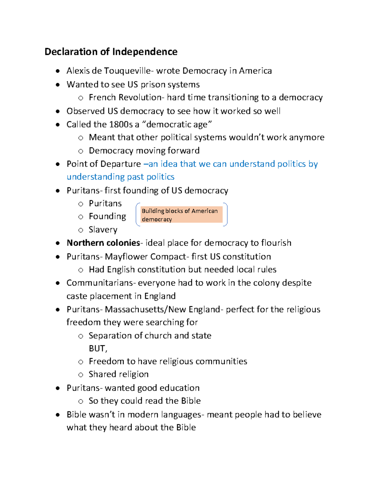 POLI 201 Notes pdf - Declaration of Independence Alexis de Touqueville ...