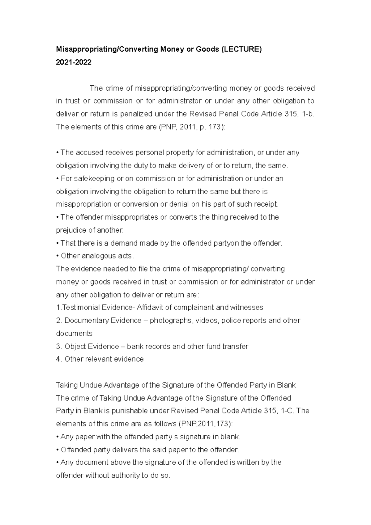 Misappropriating Converting Money or Goods - Misappropriating ...