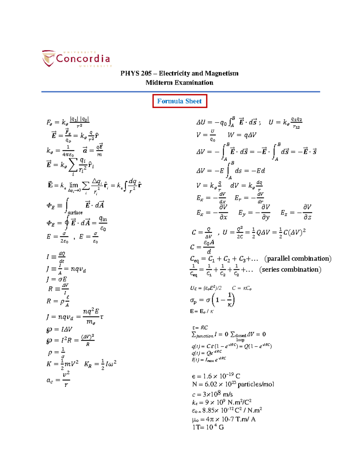 PHYSICS 205-Midterm-Formula Sheet FOR MIDTERM - PHYS 205 – Electricity and Magnetism Midterm ...