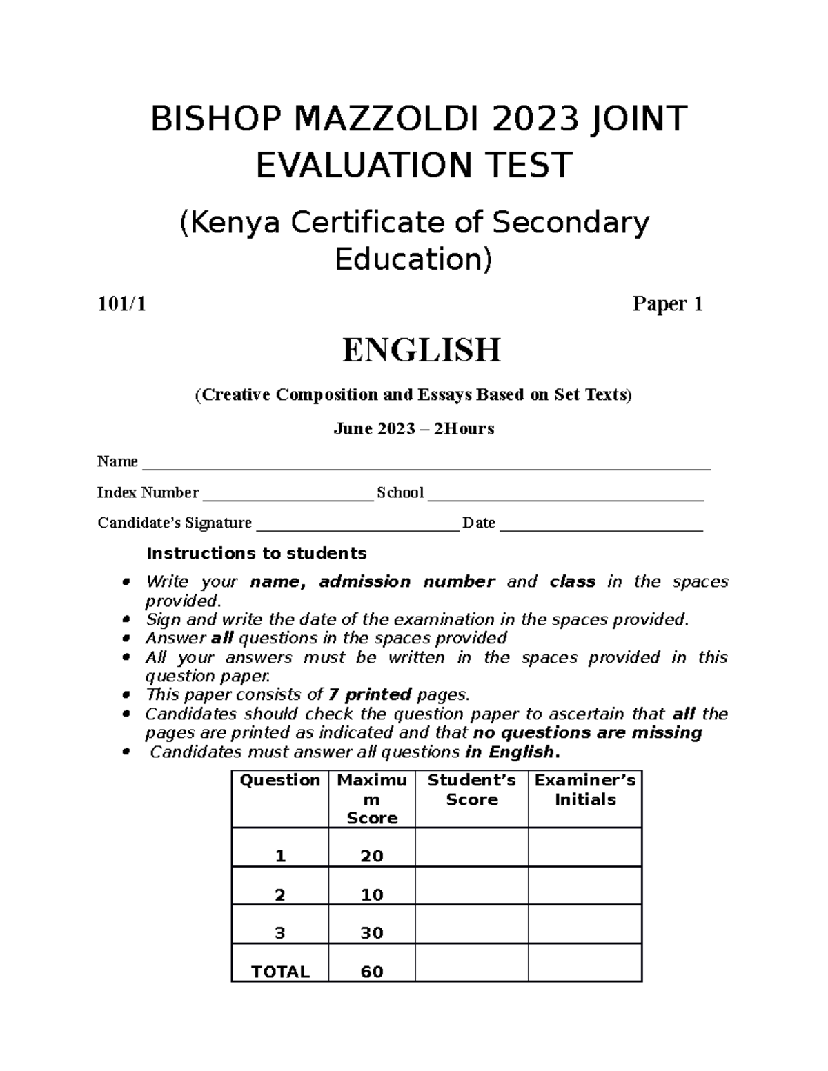 F3 ENG PP1 QNS111 - BISHOP MAZZOLDI 2023 JOINT EVALUATION TEST (Kenya ...
