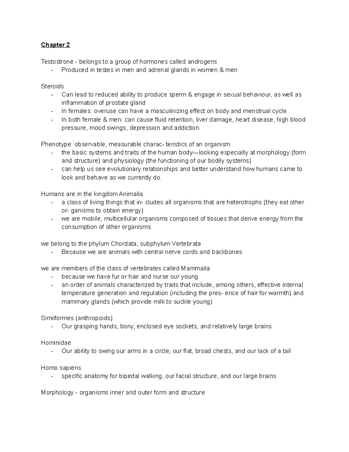 Anth 1101 - Chapter 2 and 3 - Chapter 2 Testostrone - belongs to a ...