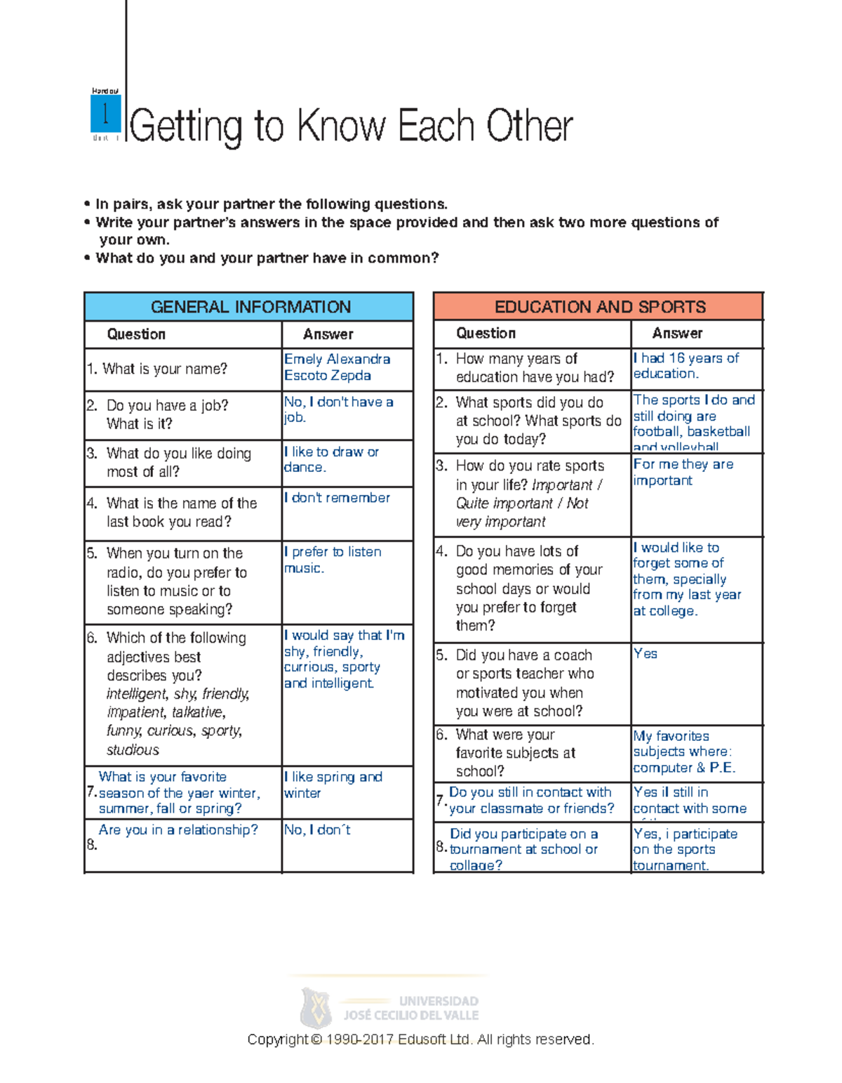 Handout Getting to Know Each - Handout 1 U n i t 1 From English ...