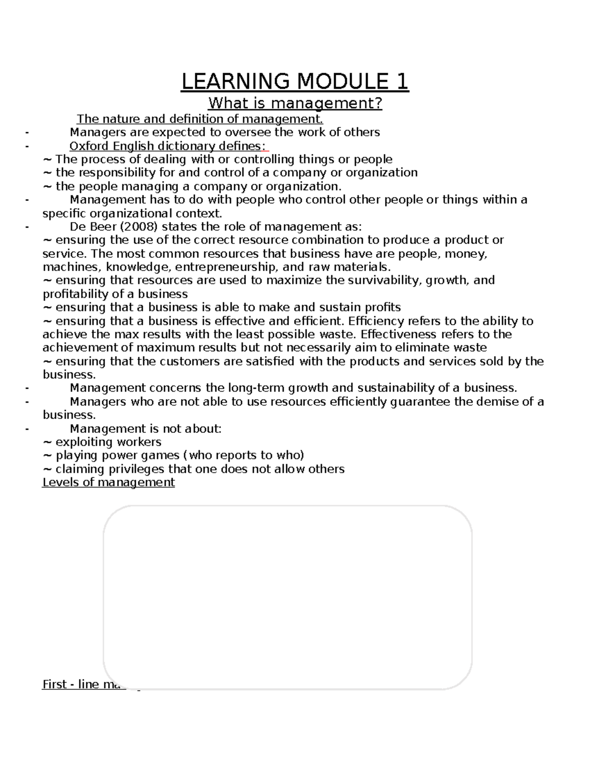 Business management 1 - LEARNING MODULE 1 What is management? The ...
