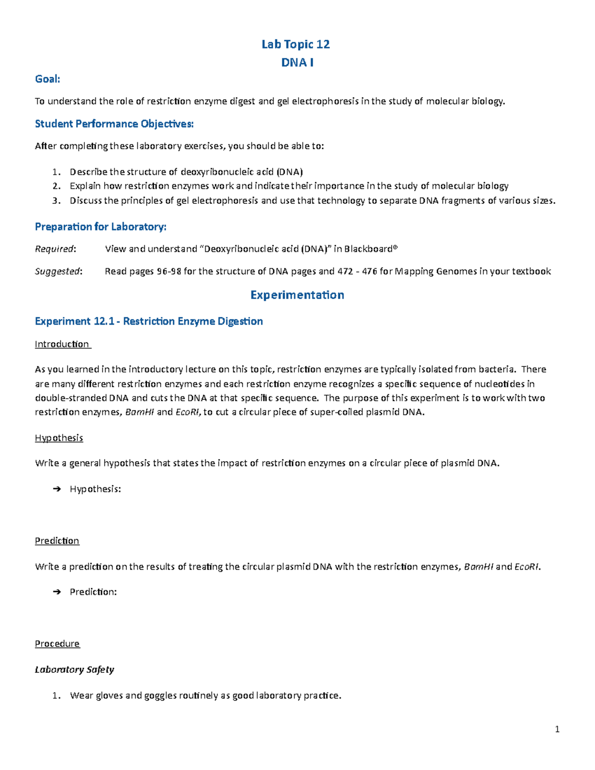 BI 151 -Lab 12 DNA 1 - Lab 12 DNA 1 - Lab Topic 12 DNA I Goal: To ...