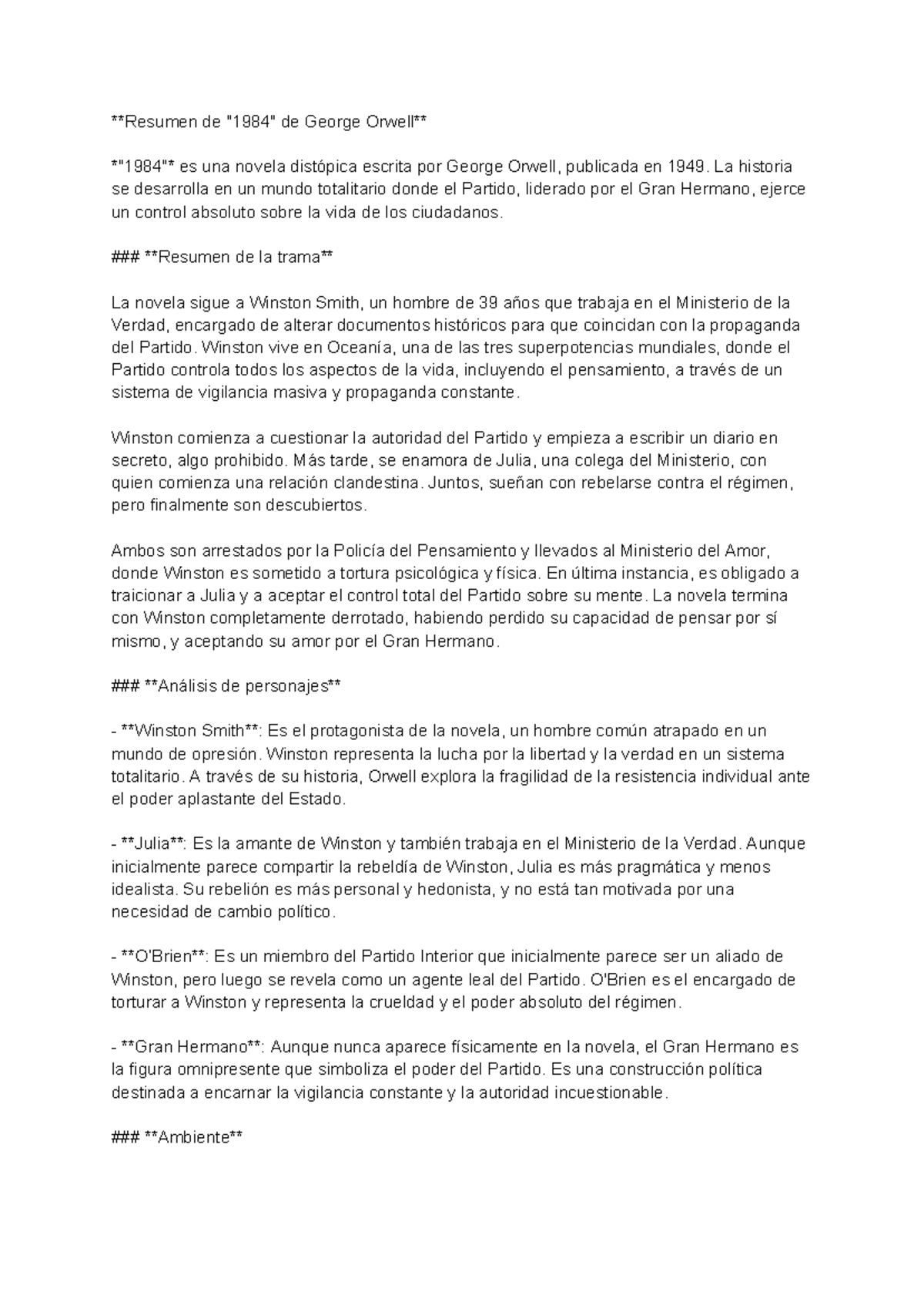 1984 resumen PERSONAJES - Resumen de "1984" de George Orwell "1984" es ...
