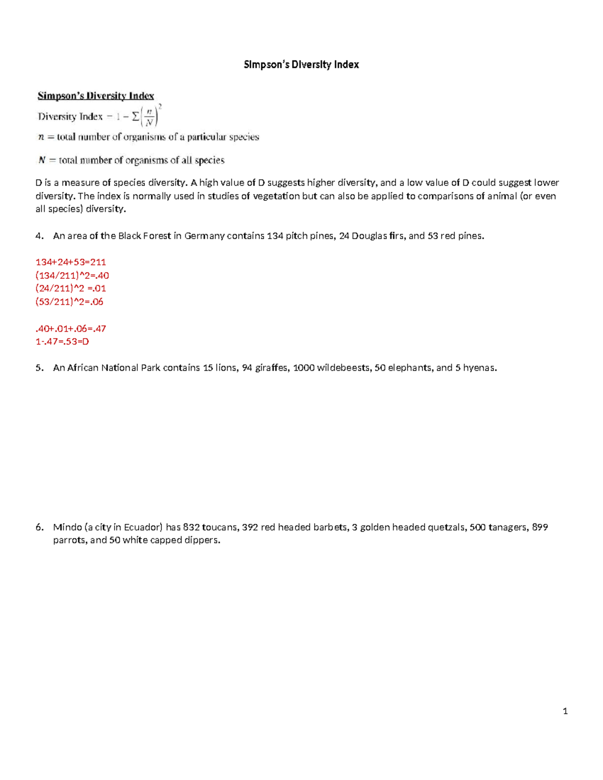 Simpsons Diversity Index Practice Problems - Simpson’s Diversity Index ...