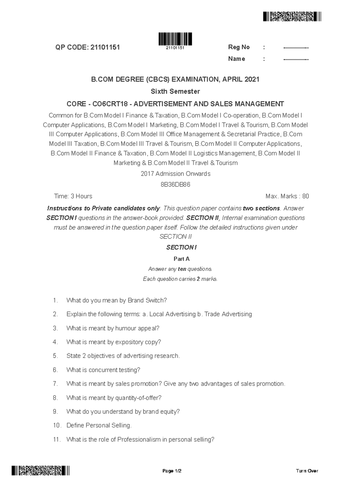 Advertisement AND Sales Management - QP CODE: 21101151 Reg No : ..................... Name ...