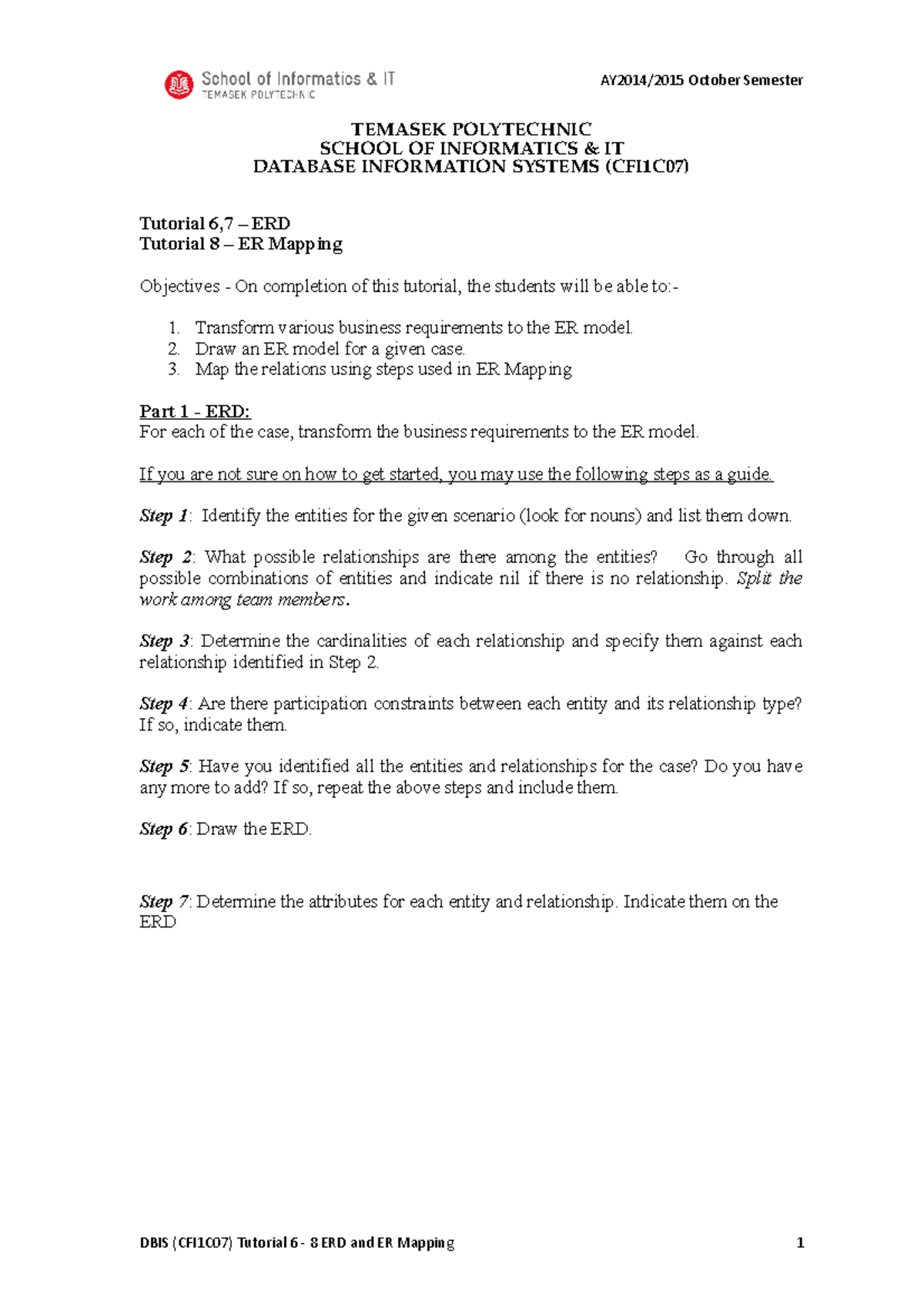 T06-08 ERD and ER Mapping - TEMASEK POLYTECHNIC SCHOOL OF INFORMATICS ...