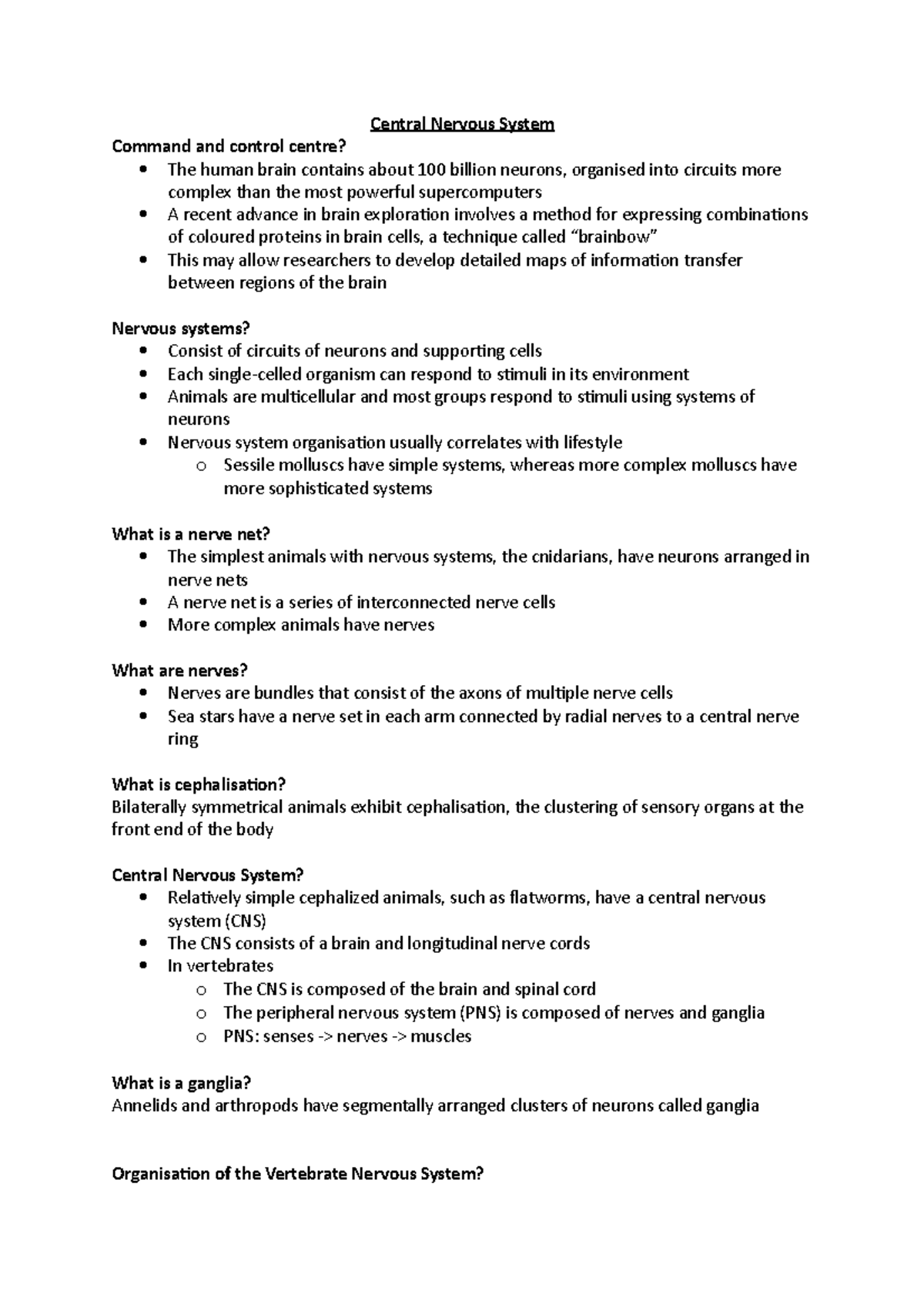 Central Nervous System and Nervous System Organization - Studocu