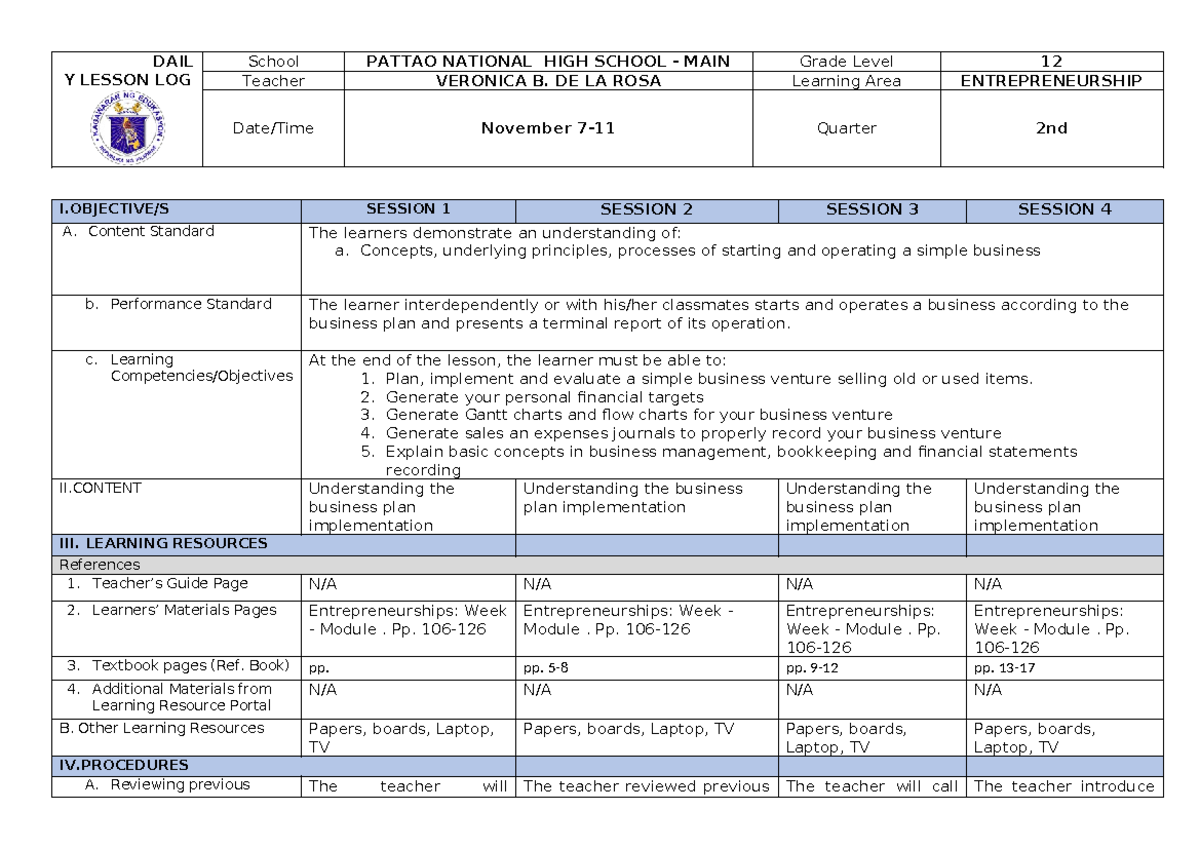 Entrep week 1 - week 1 - DAIL Y LESSON LOG School PATTAO NATIONAL HIGH ...