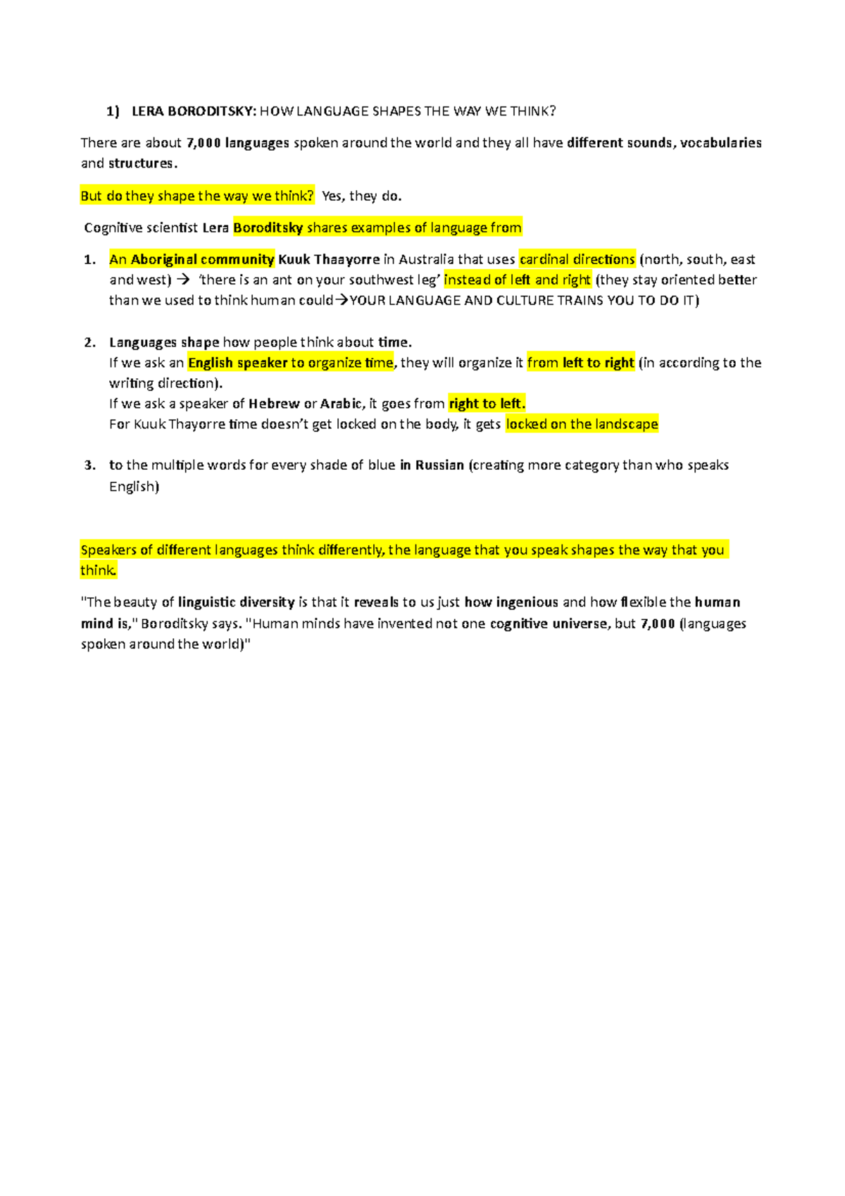 Riassunto Lera Boroditsky - 1) LERA BORODITSKY: HOW LANGUAGE SHAPES THE ...