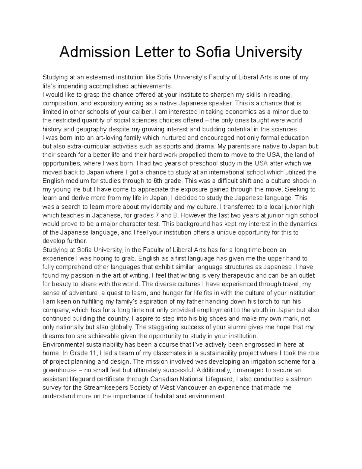Admission Letter To Sofia University Admission Letter To Sofia