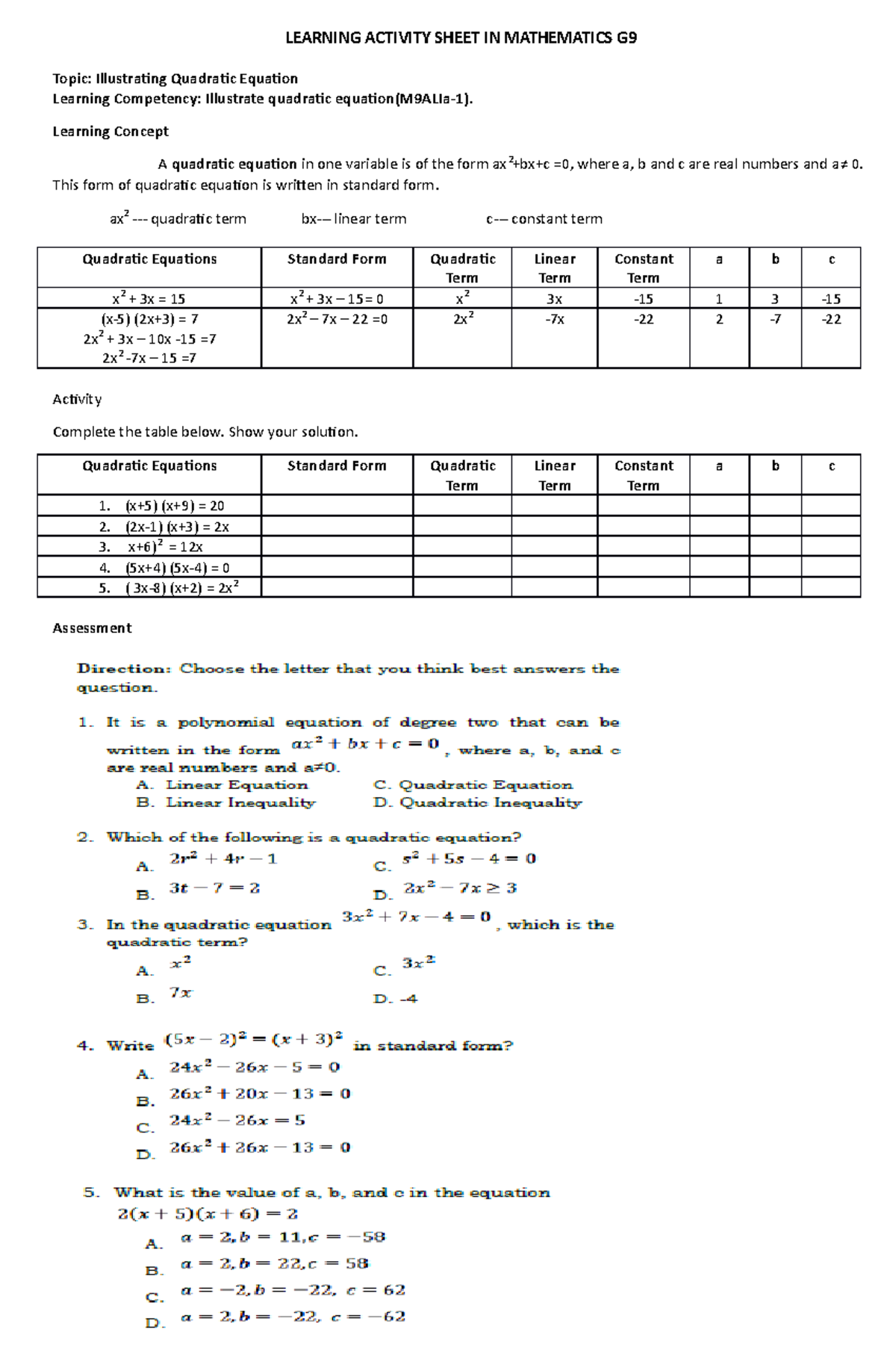 Learning- Activity- Sheet-IN- Mathematics-G9-m1 - LEARNING ACTIVITY SHEET IN MATHEMATICS G Topic ...
