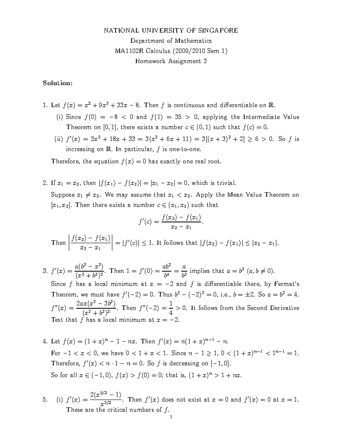 MA1102R 09assignsol 3 - NATIONAL UNIVERSITY OF SINGAPORE Department of Mathematics MA1102R ...