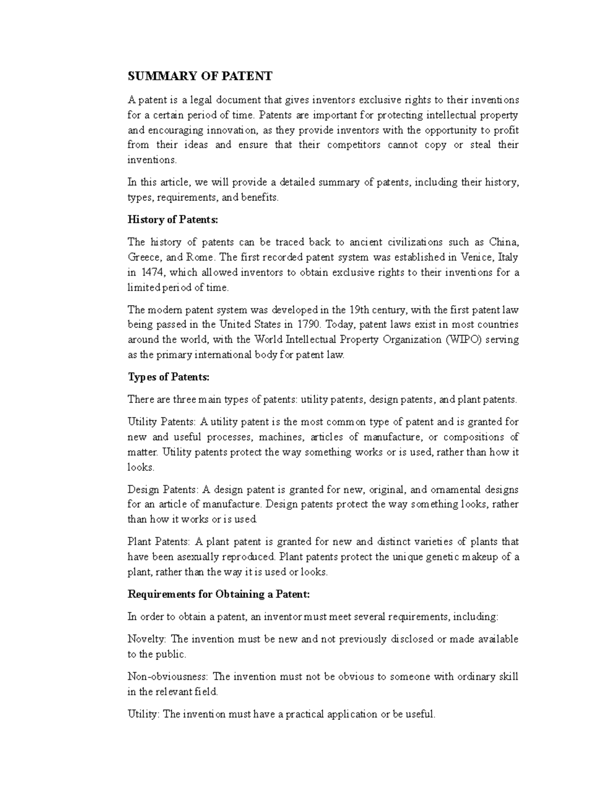 Summary of Patent - SUMMARY OF PATENT A patent is a legal document that ...