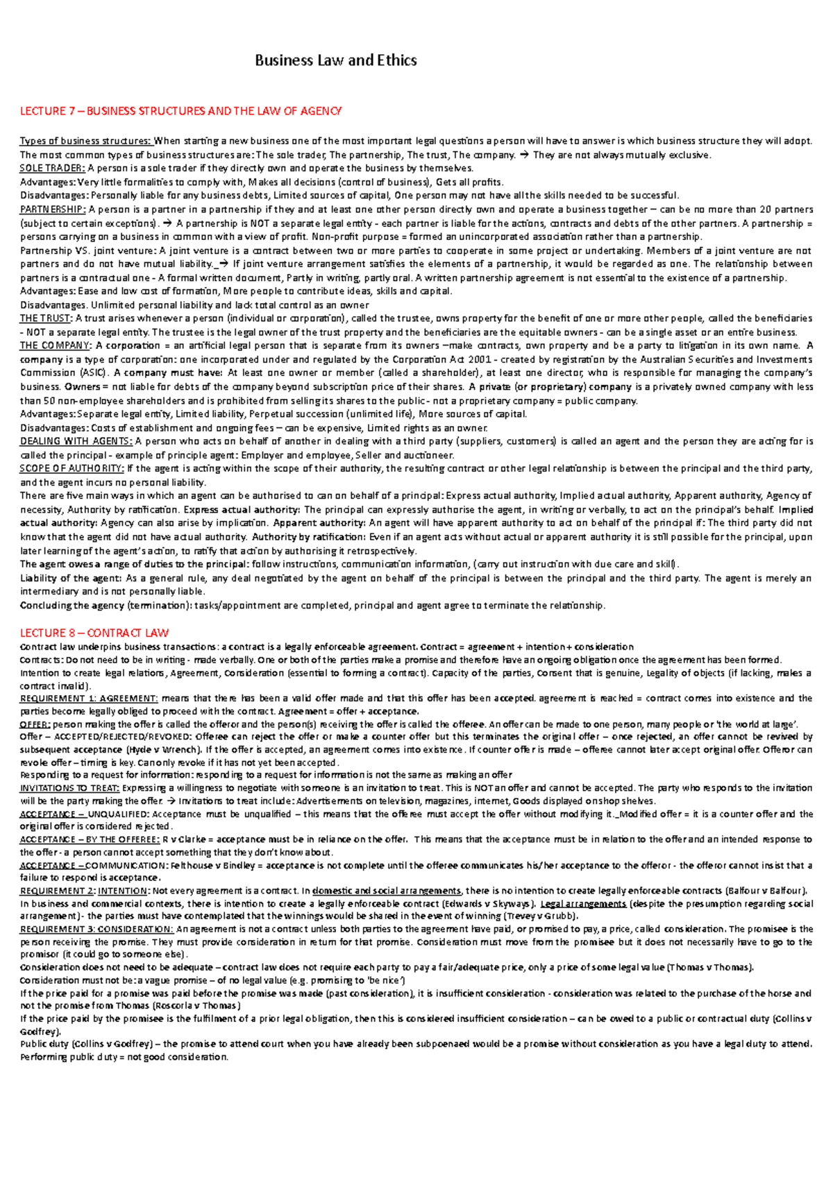 Business LAW AND Ethics Study Notesexam Sheets - LECTURE 7 – BUSINESS ...