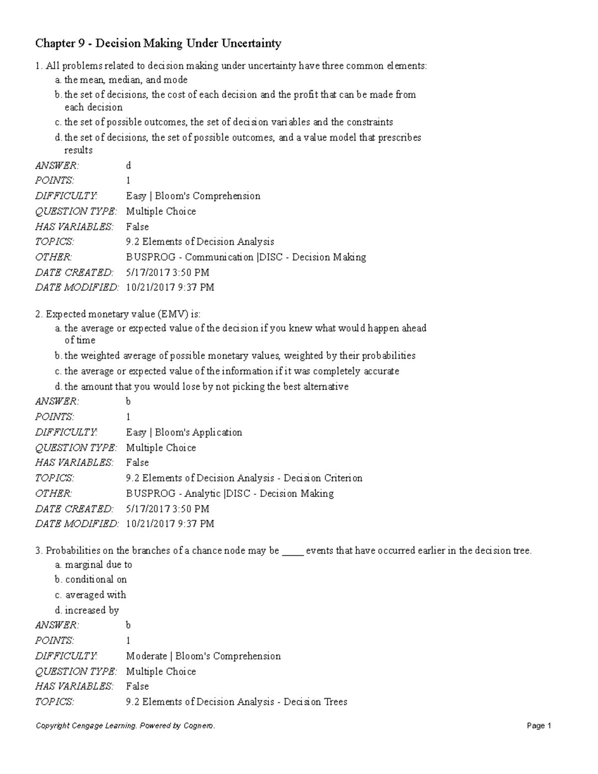 Chapter 9 Decision Making Under Uncertainty - All problems related to ...