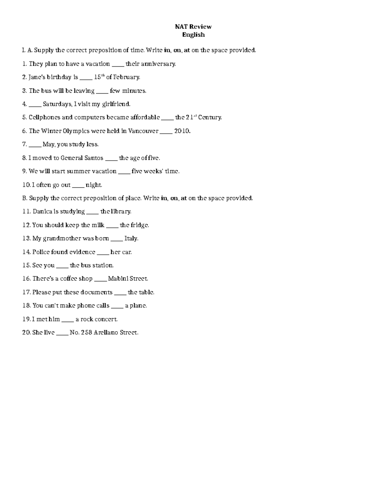 NAT-Review-2 - NAT reviewer for prepositions - NAT Review English I. A ...