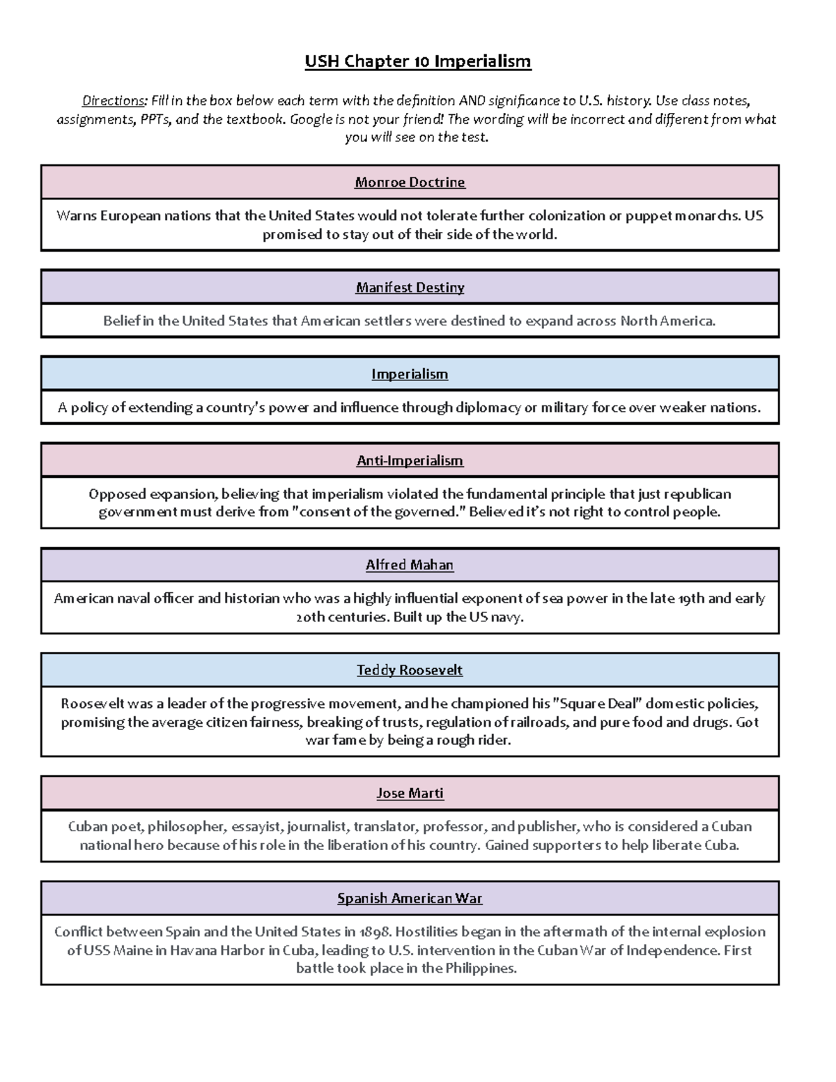 Imperialism Study Guide Terms - USH Chapter 10 Imperialism Directions ...
