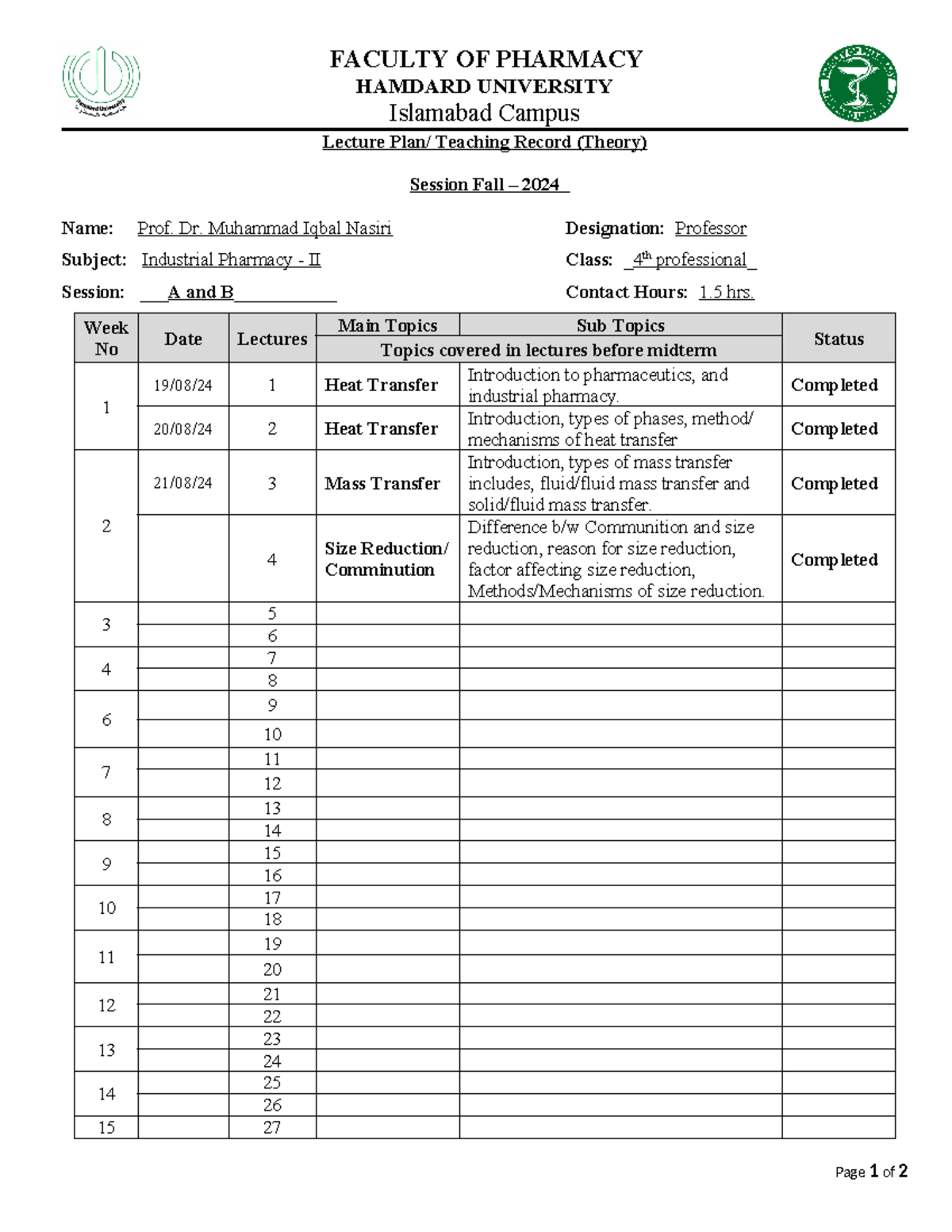 Lecture Plan or Teaching Record (Template) - FACULTY OF PHARMACY ...
