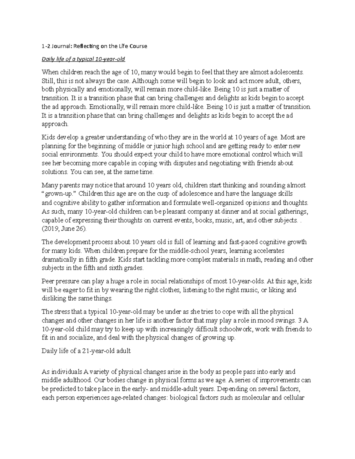 Week 1 journal aging - 1-2 Journal: Relecing on the Life Course Daily ...