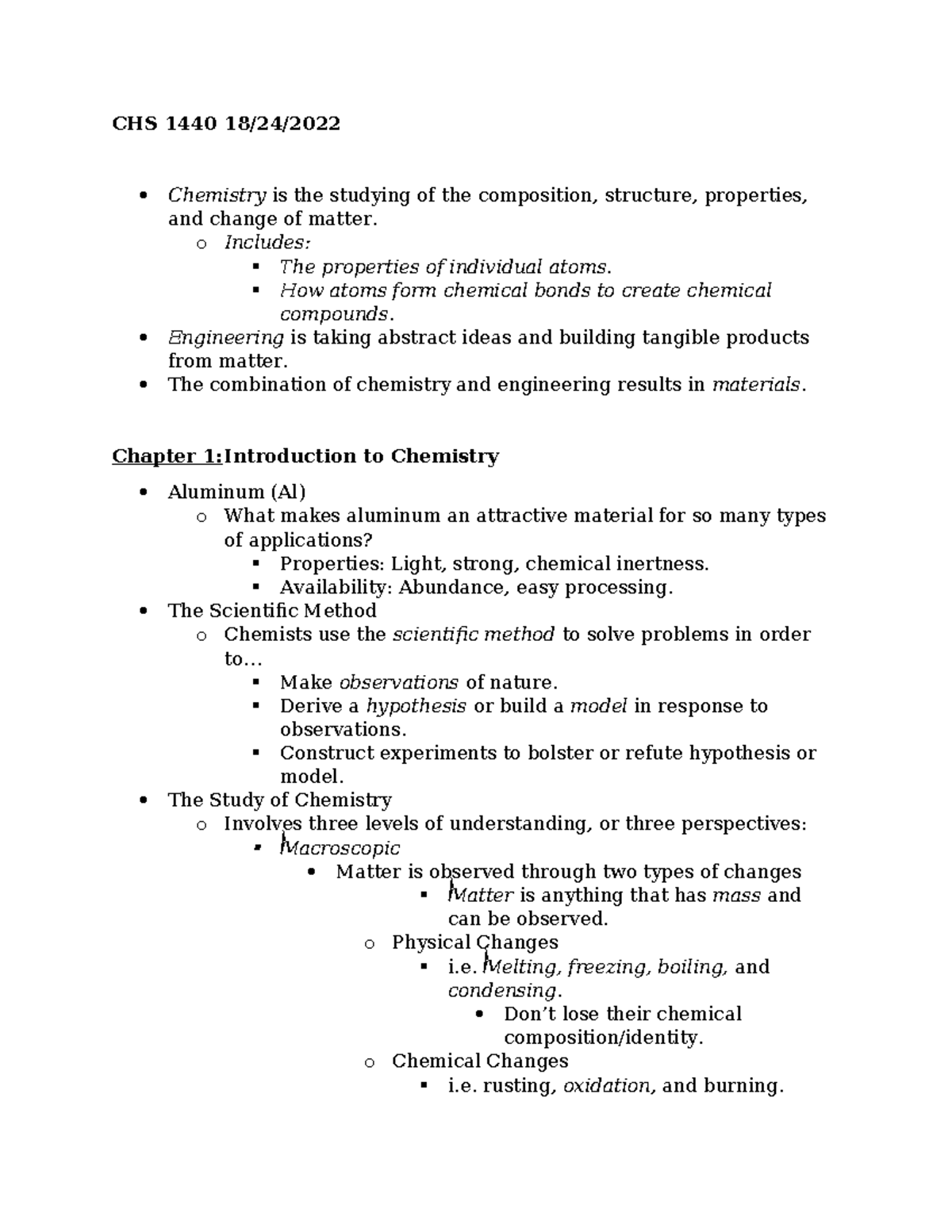 CHS 1440 - August 24 - Chapter 1 notes, Introduction to Chemistry ...