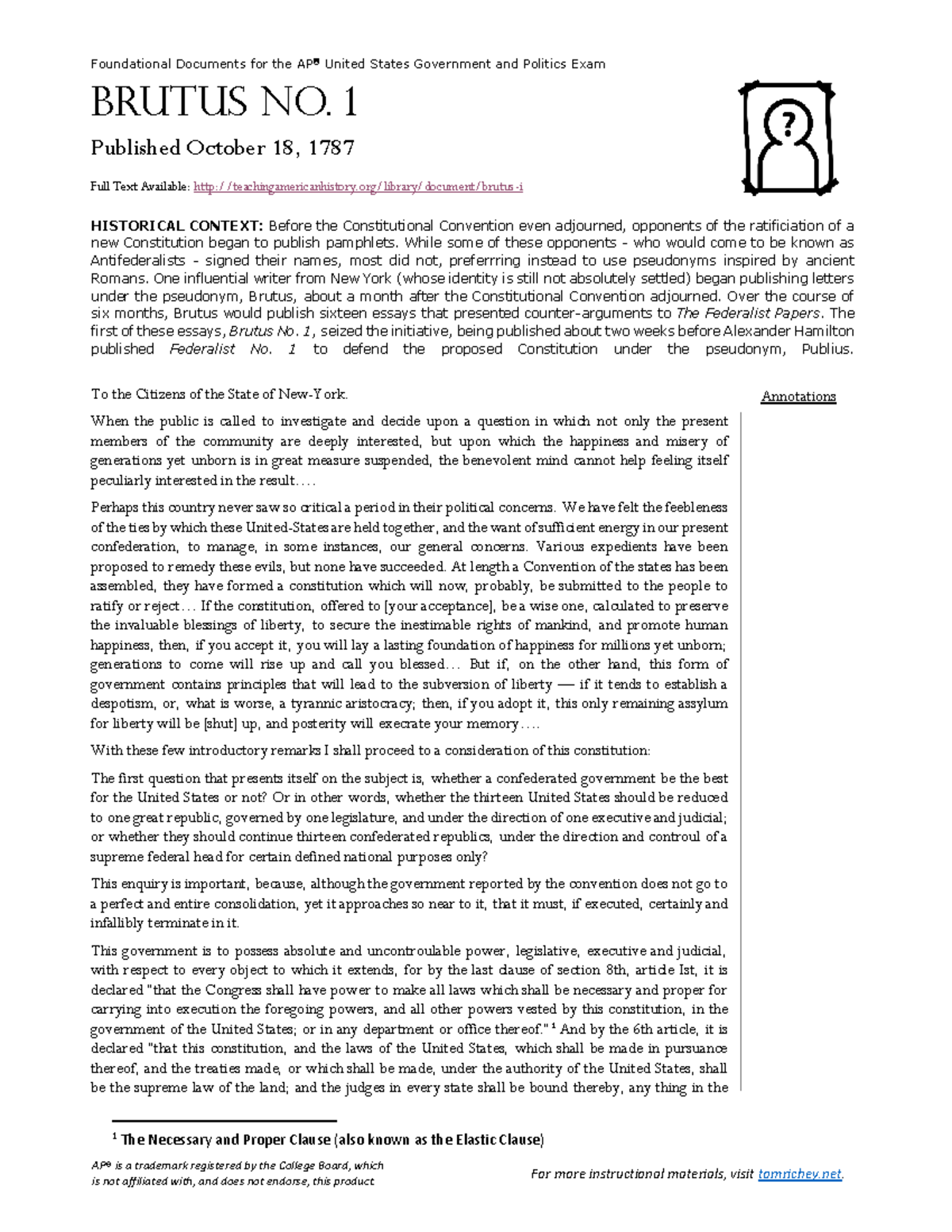 Brutus No 1 (Antifederalist) - Foundational Document - APÆ is a trademark registered by the ...