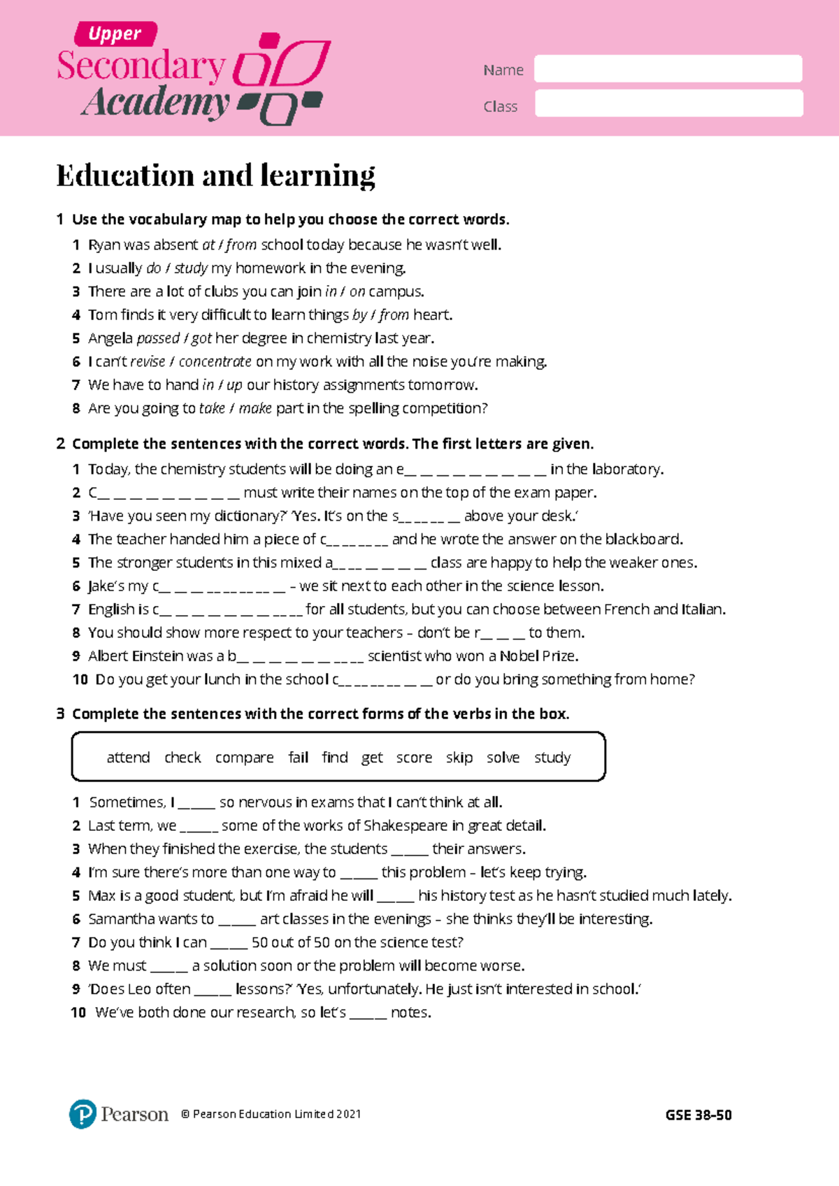 Education and learning - Worksheet - Name Class © Pearson Education ...