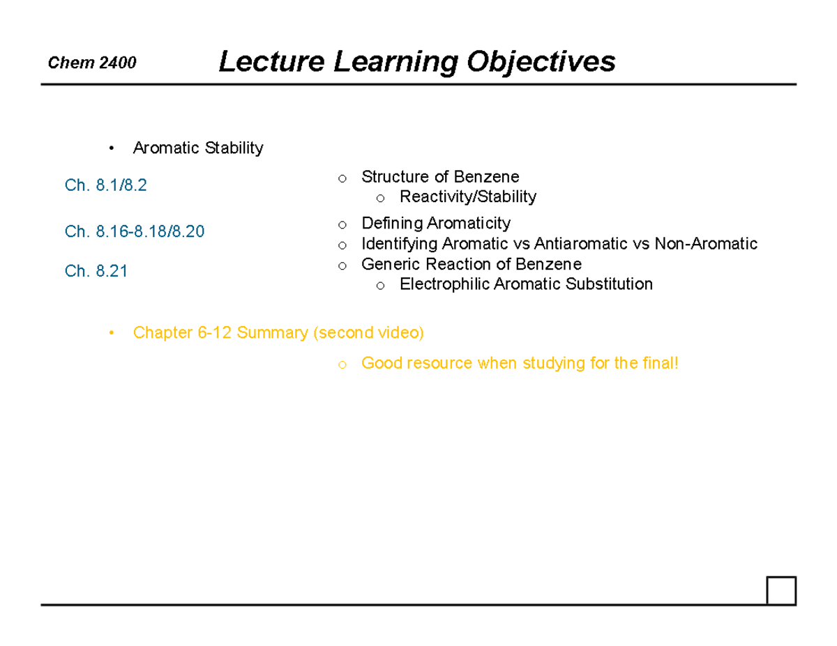 Ch 8 Lecture 2 (02 - Chem 2400 Lecture Learning Objectives Aromatic ...