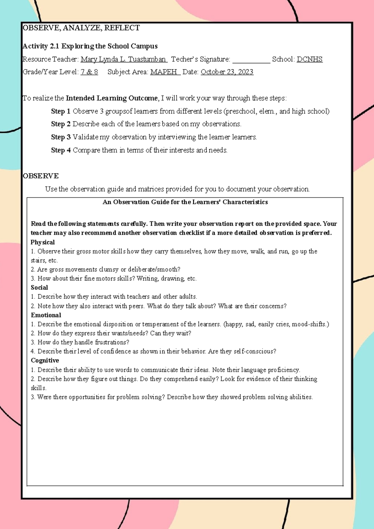 FS episode 2 - Key Answer - OBSERVE, ANALYZE, REFLECT Activity 2 ...