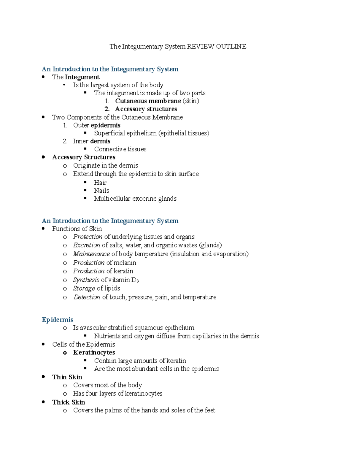 The Integumentary System Outline - The Integumentary System REVIEW ...