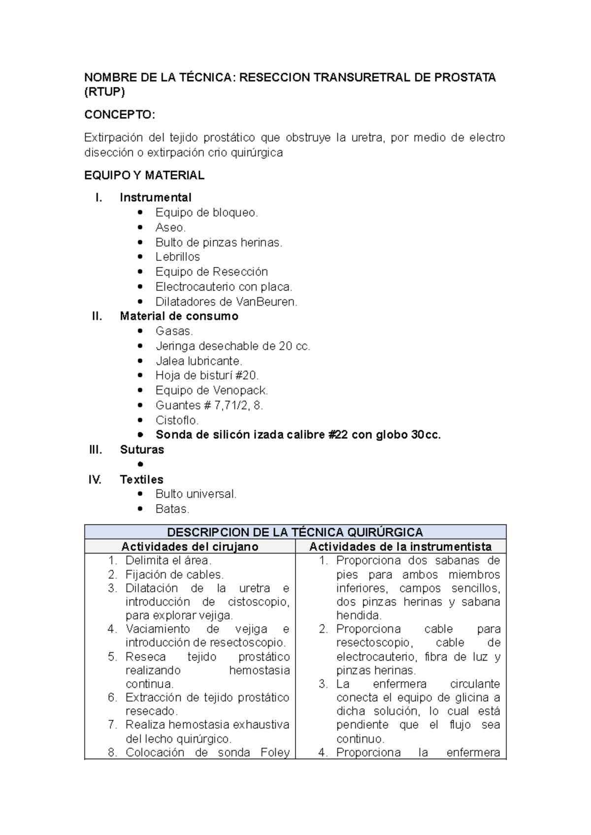 Formato de la tecnica qx - NOMBRE DE LA TÉCNICA: RESECCION TRANSURETRAL ...