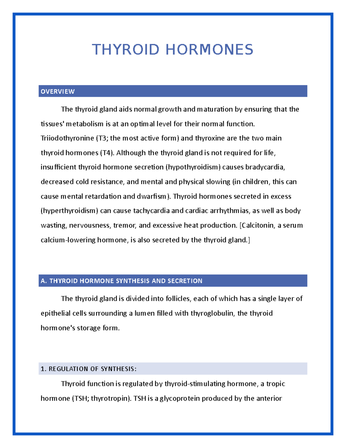 Brief NOTE ON Thyroid Hormone - THYROID HORMONES OVERVIEW The thyroid ...