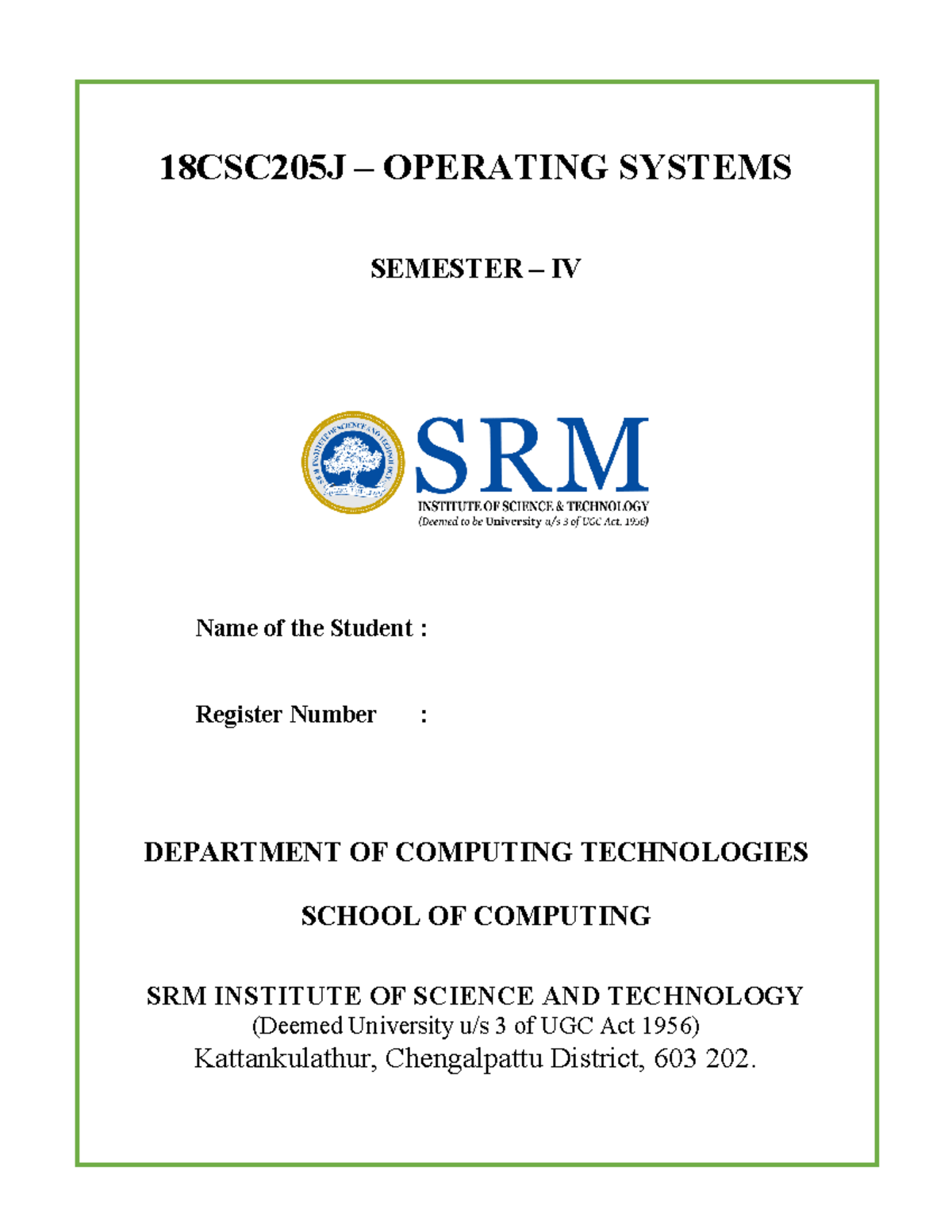 OS-Record-New - no anwers - 18CSC205J – OPERATING SYSTEMS SEMESTER – IV ...